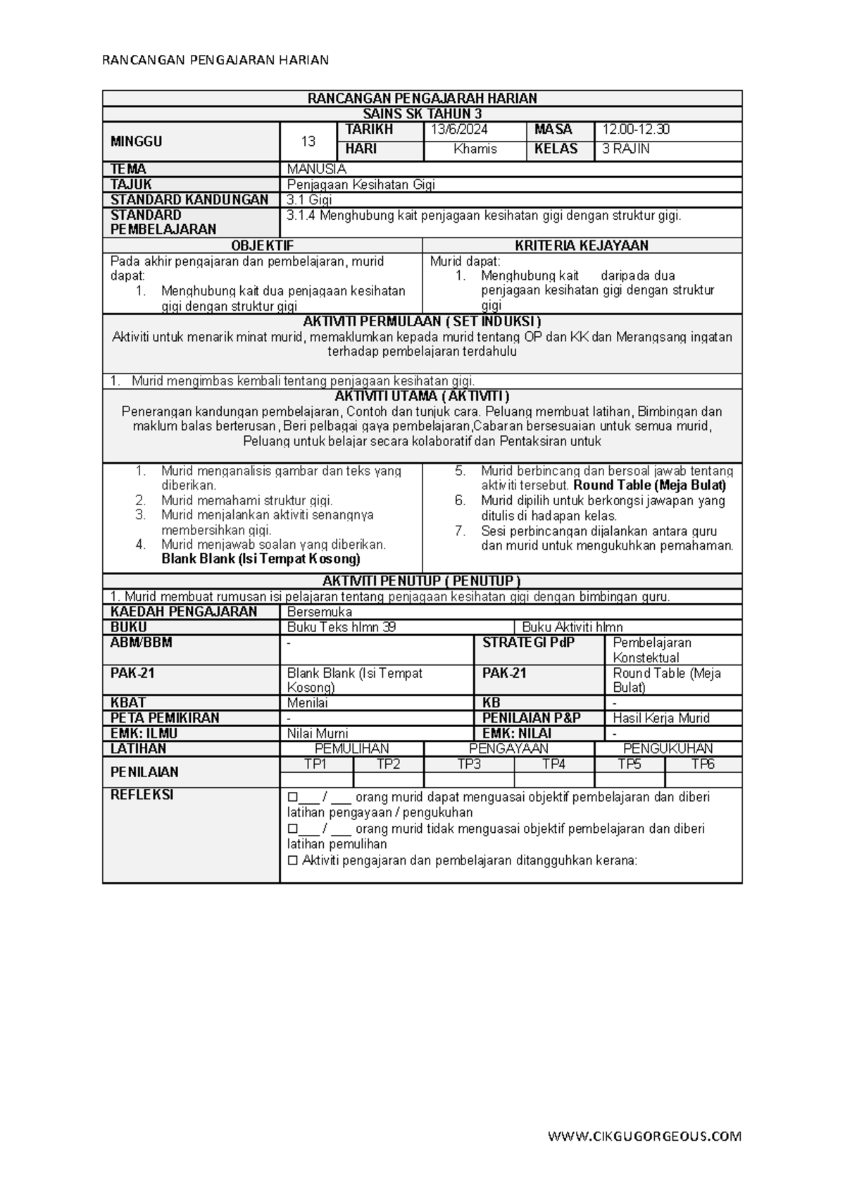 M13 Khamis T3 - RPH - RANCANGAN PENGAJARAN HARIAN WWW.CIKGUGORGEOUS RANCANGAN PENGAJARAH HARIAN ...