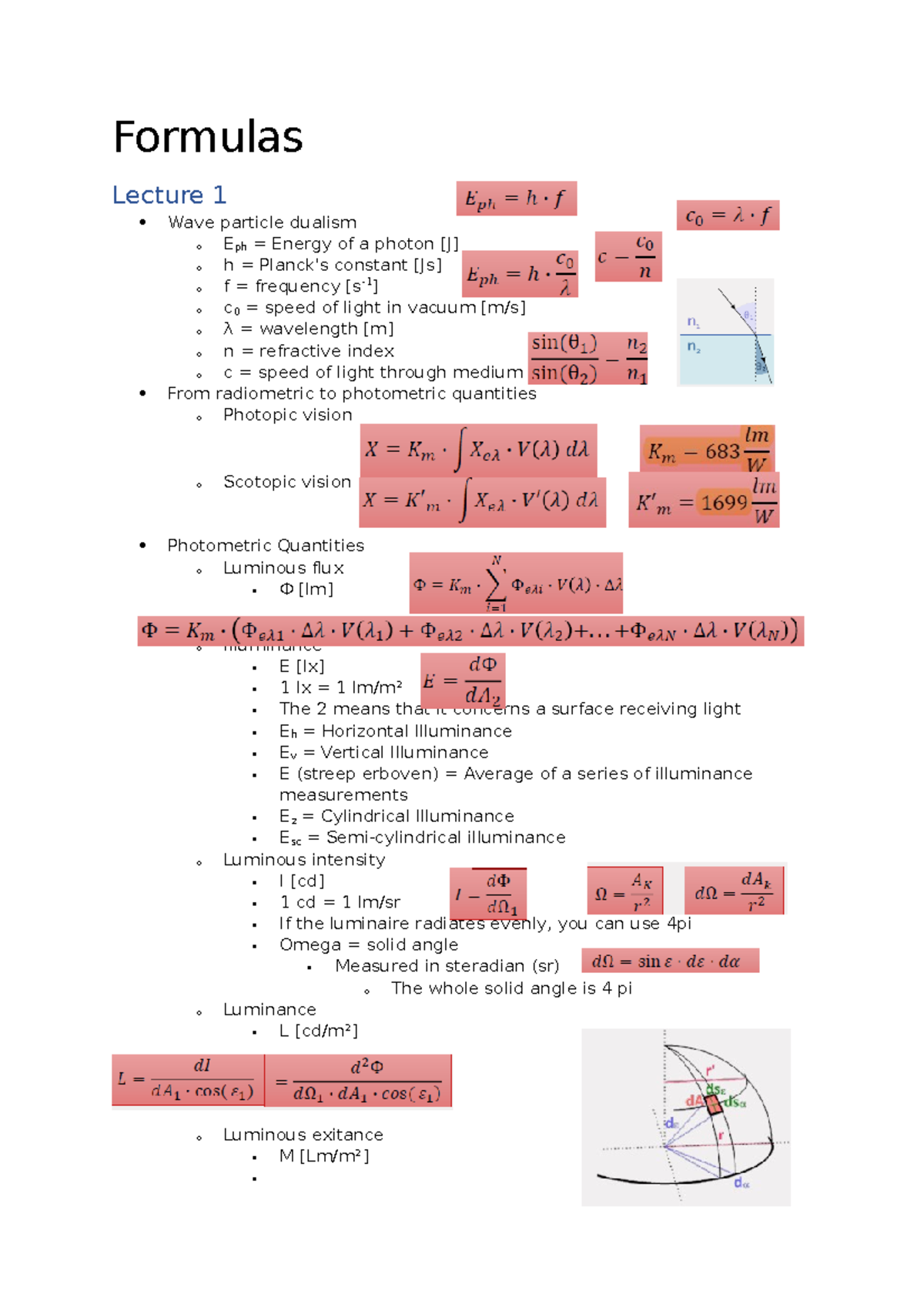 Formulas - Formulas Lecture 1 Wave particle dualism o Eph = Energy of a ...
