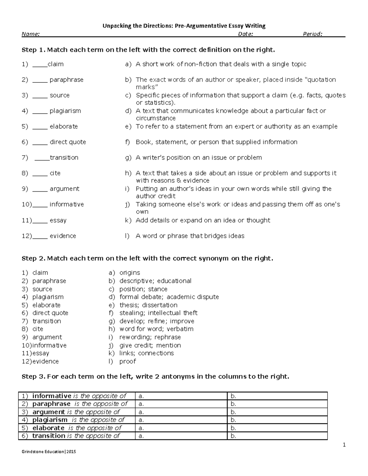 Unpackingthe Directions Pre Argumentative Essay Writing-1 - Unpacking ...