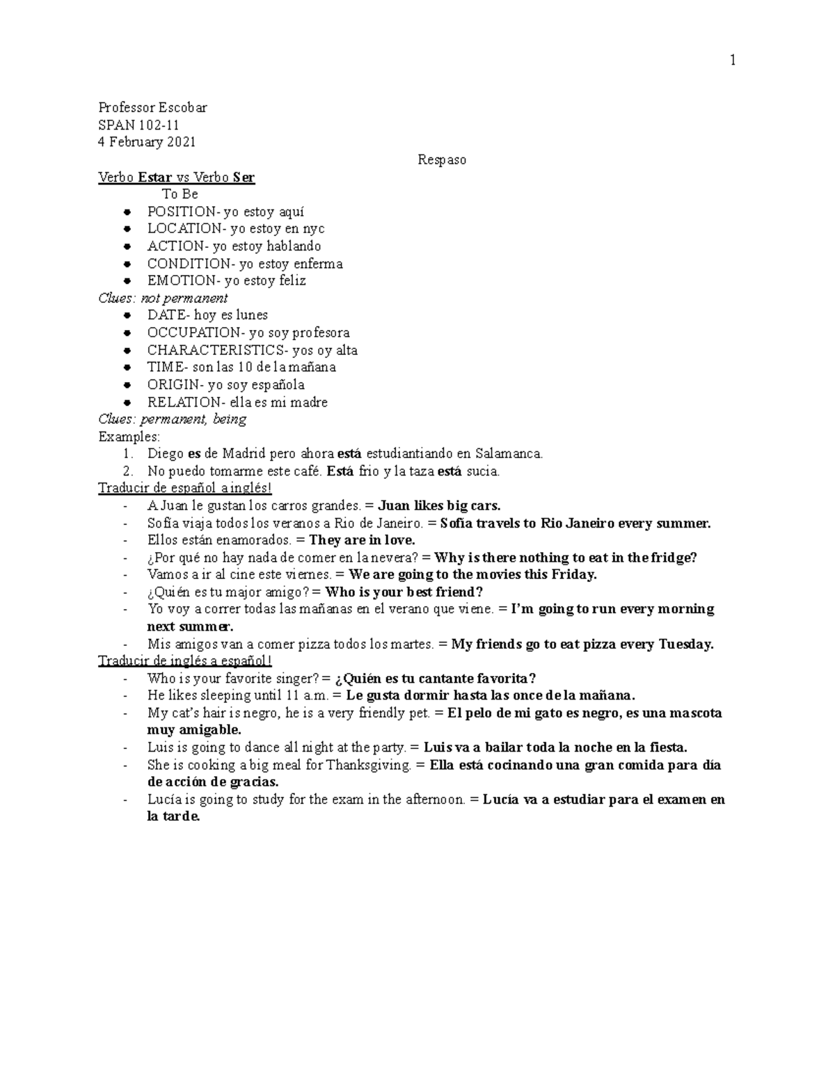 SPAN 102-11 (1) Review - 1 Professor Escobar SPAN 102- 4 February 2021 ...