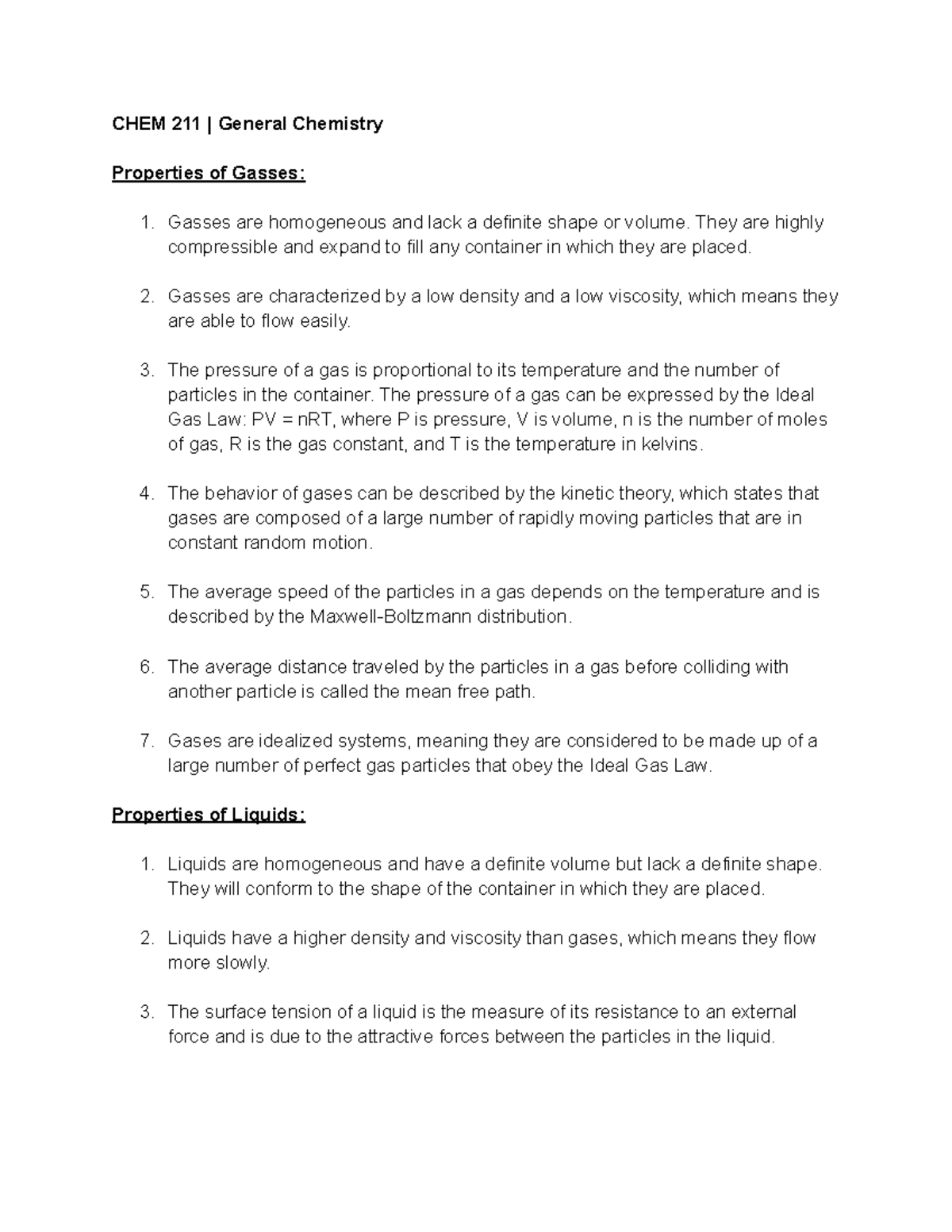 CHEM 211 Properties of Gases notes - CHEM 211 | General Chemistry ...