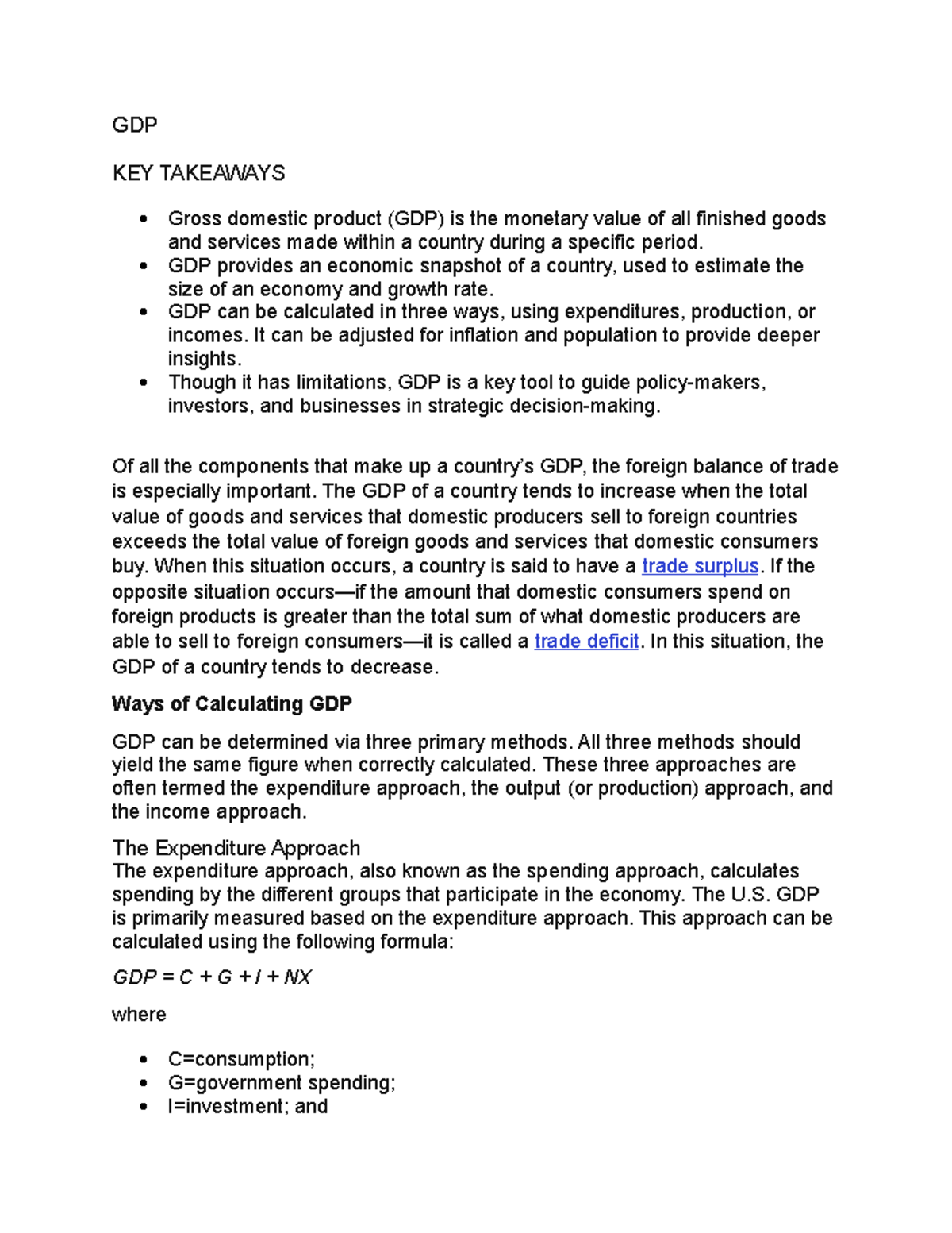 Definiations - Lecture notes 1 - GDP KEY TAKEAWAYS Gross domestic ...