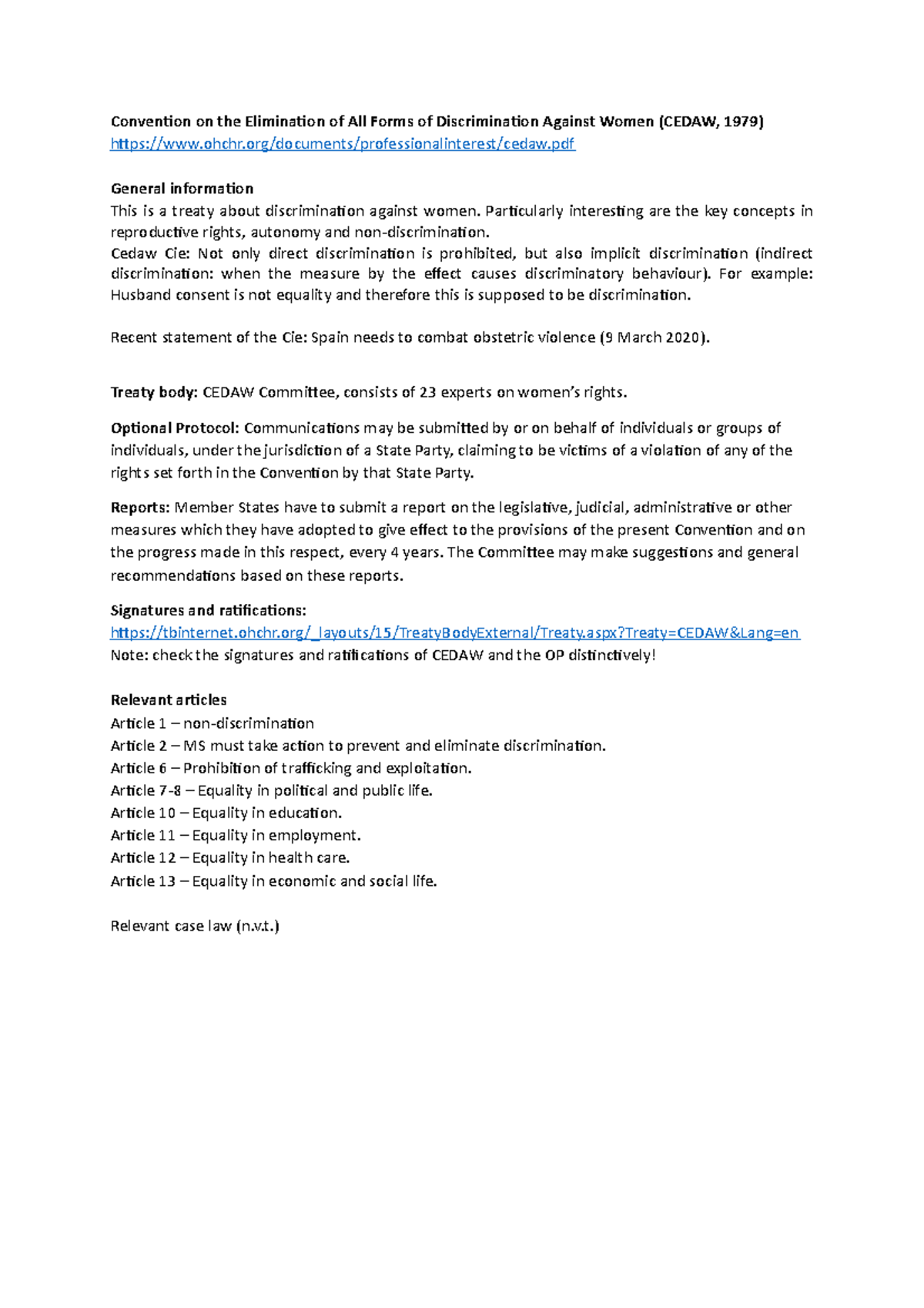 Overzicht CEDAW - Convention on the Elimination of All Forms of ...