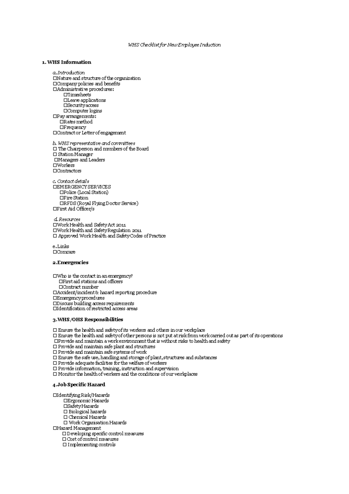 WHS Checklist for New Employee Induction - WHS Information a ...