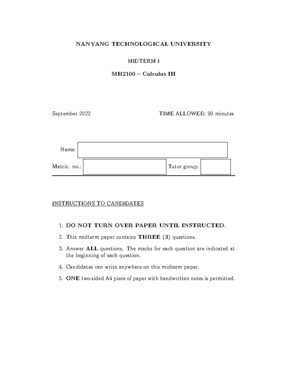 NTU, AY2022-23, Semester 1, MH2100 (Calculus III) - Midterm Exam 1 ...