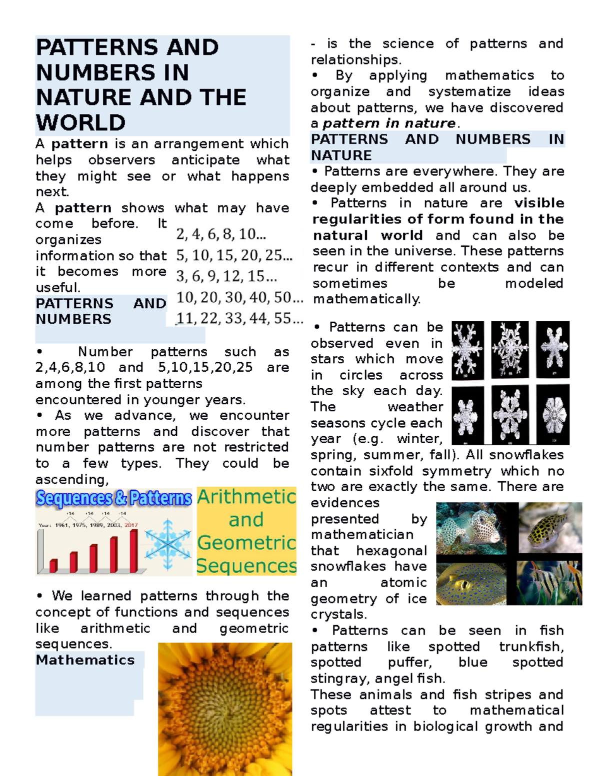 Patterns AND Numbers IN Nature AND THE World reviewer PATTERNS AND