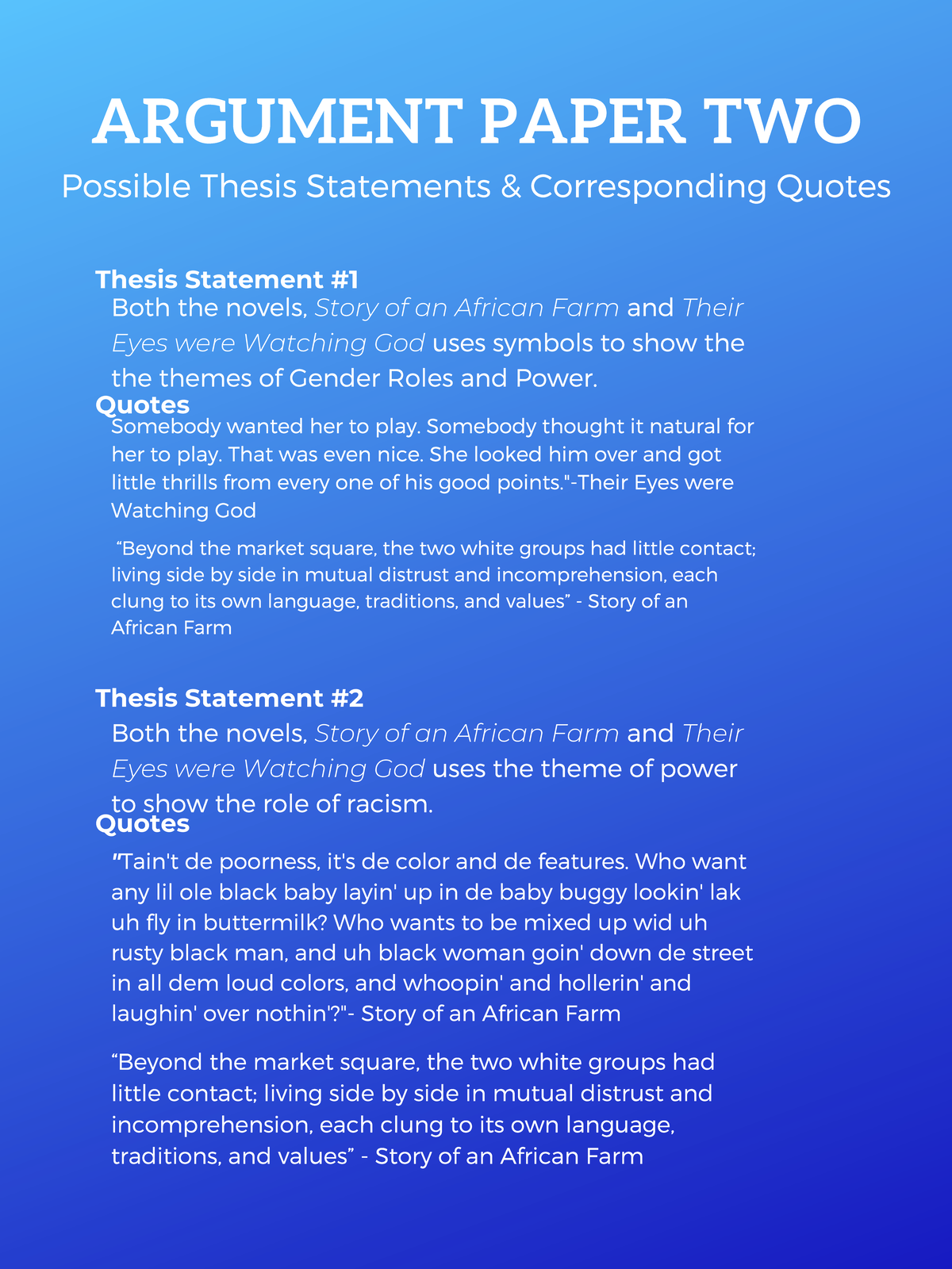 Argument Paper Two - ARGUMENT PAPER TWO Possible Thesis Statements ...