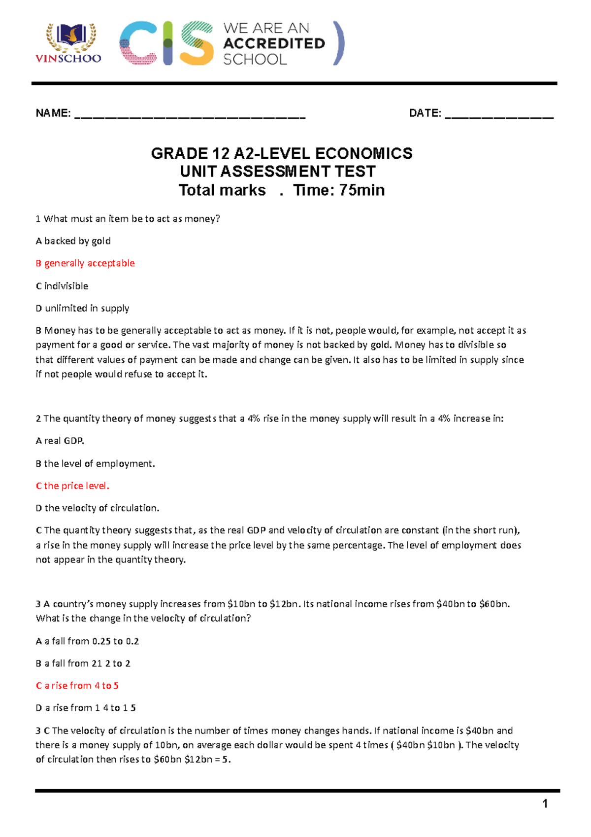 Pre tet Econ Test January 2023 - NAME ...