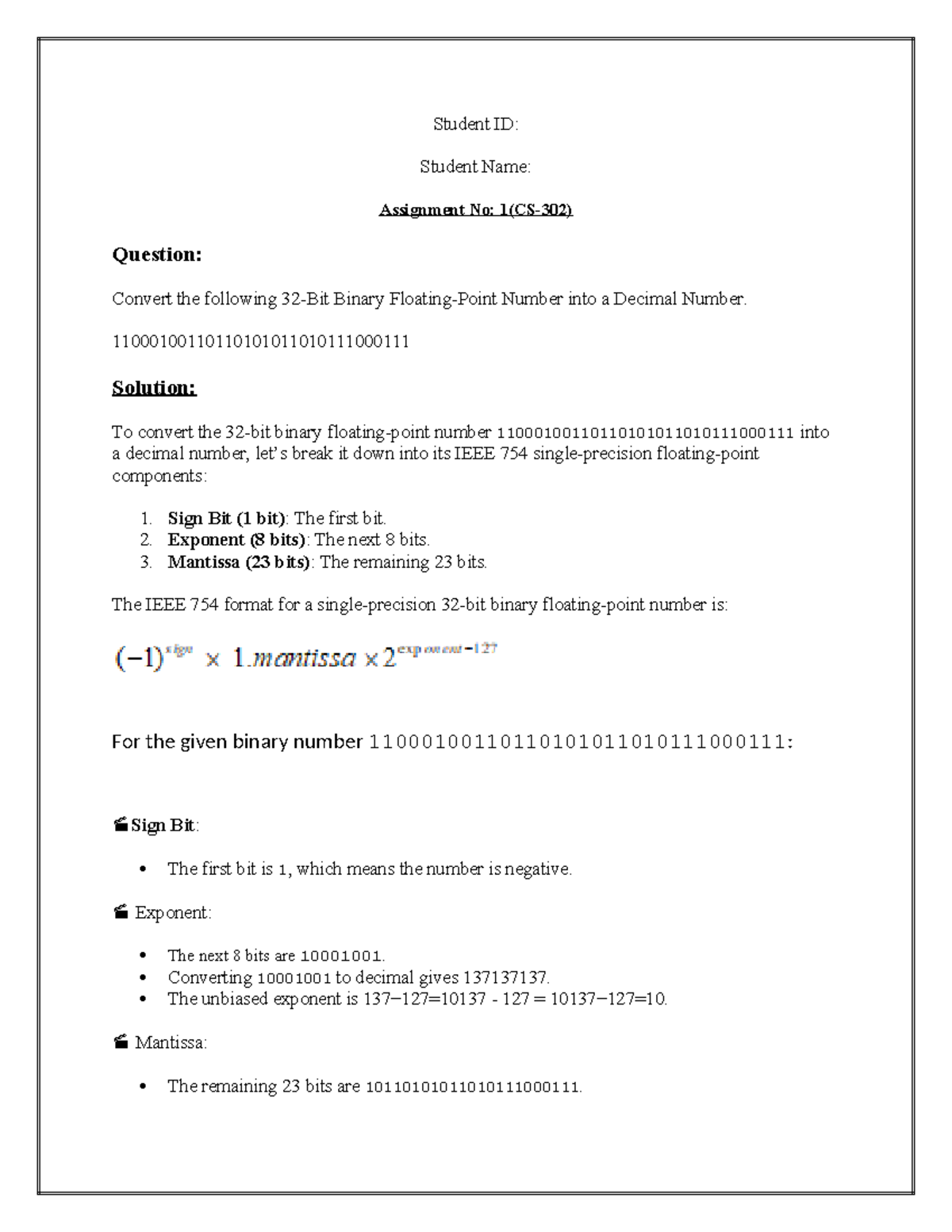 Fall 2024 CS201 - Student ID: Student Name: Assignment No: 1(CS-302 ...