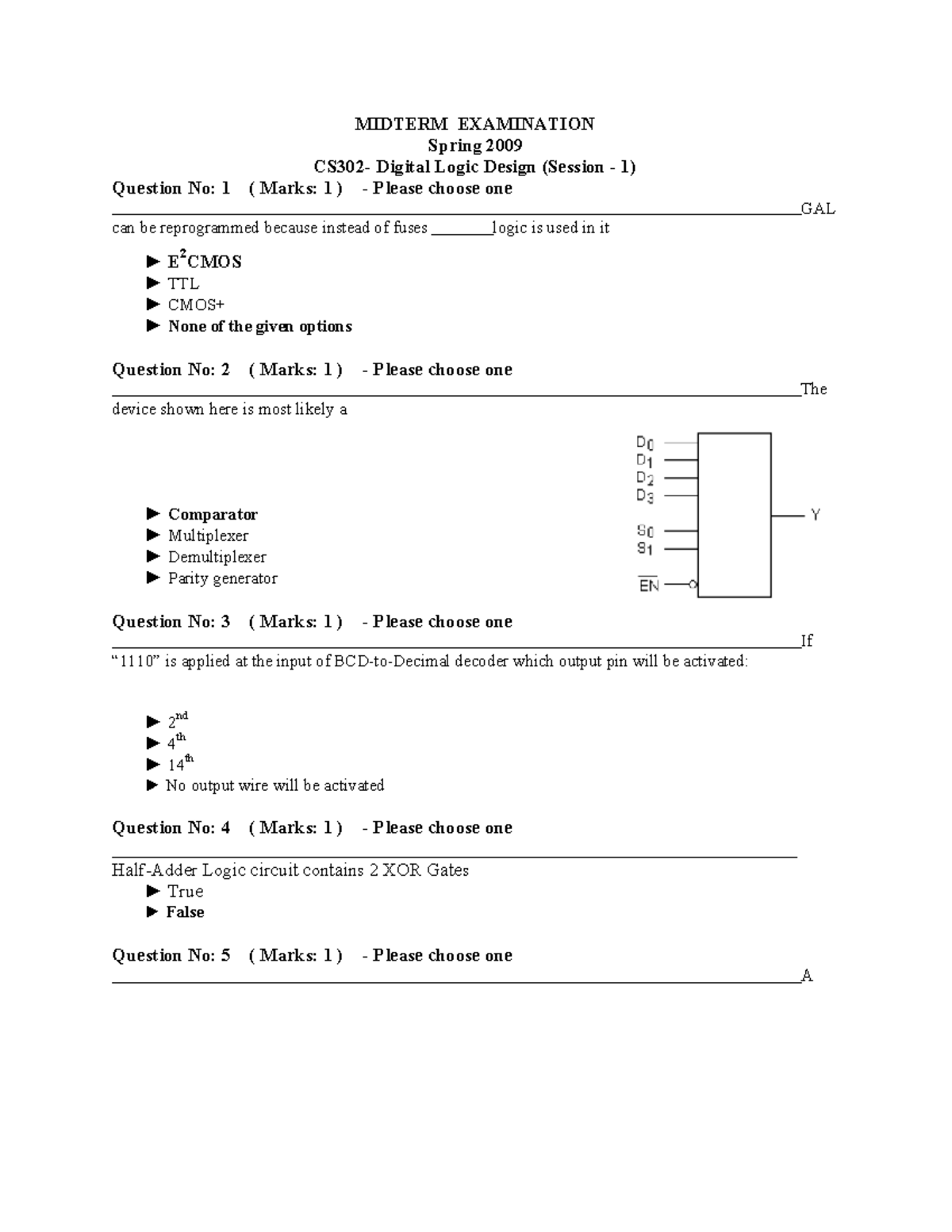 4 CS-302-MID-TERM- Solved- Paper - MIDTERM EXAMINATION Spri ng 2009 CS302- Di gi tal Logic Desi ...