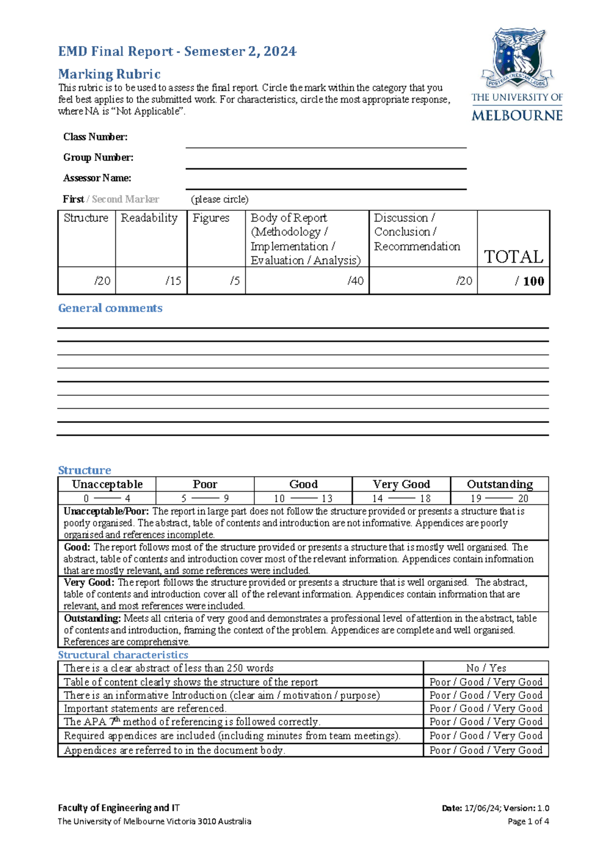 EMD Report Rubric 2024 S2 - EMD Final Report - Semester 2, 2024 Marking ...