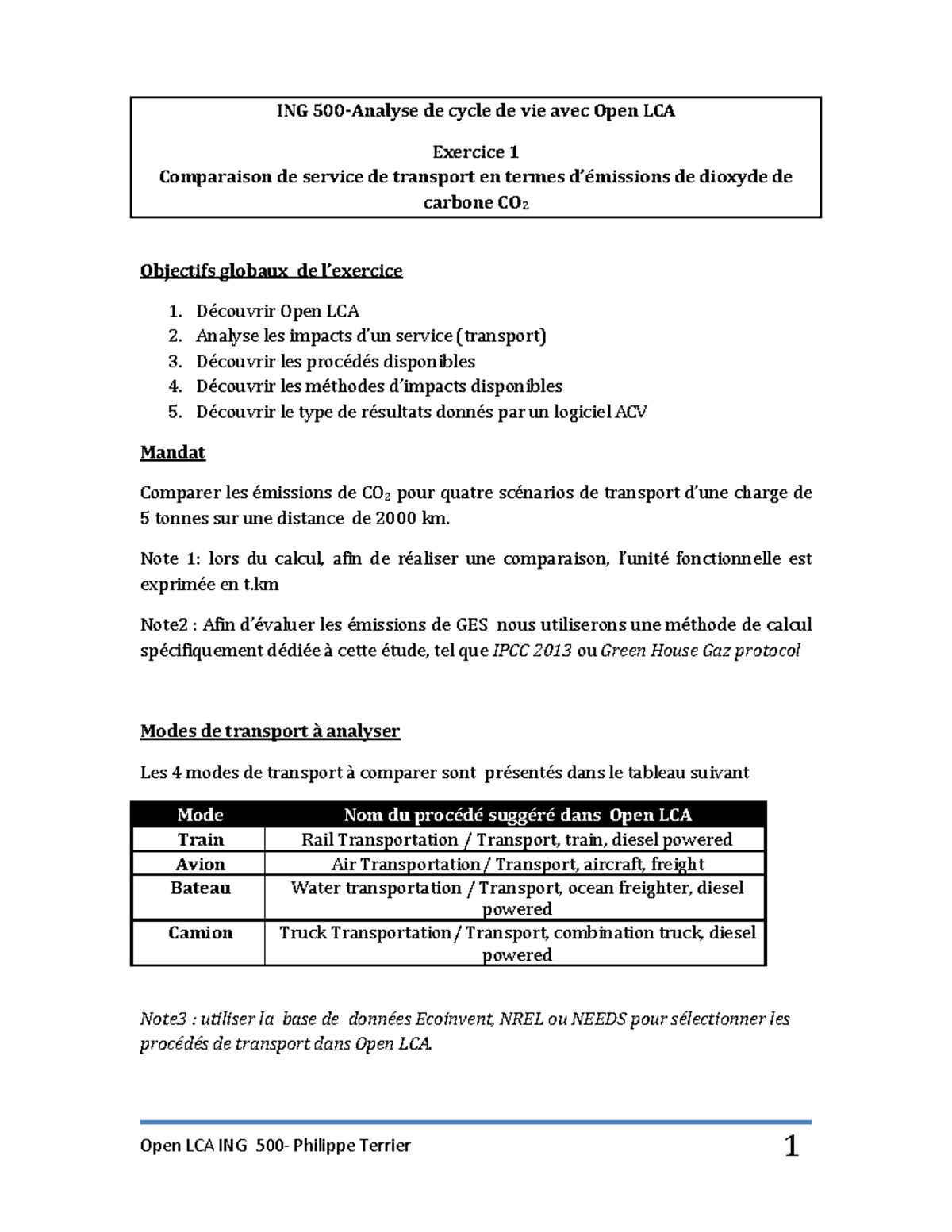 ING 500 Exercice 1 Open LCA comparaison transport - ING 500-Analyse de ...