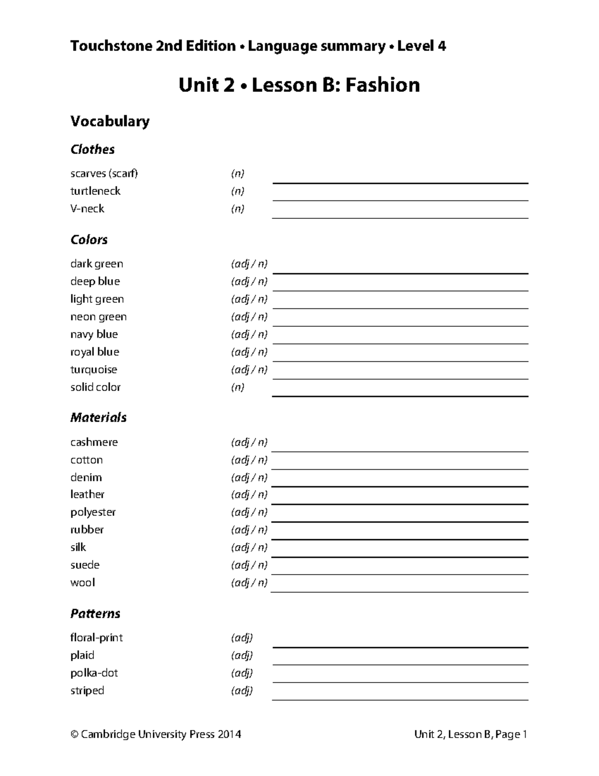 Unit 2. Lesson B- Fashion - Touchstone 2nd Edition • Language summary ...
