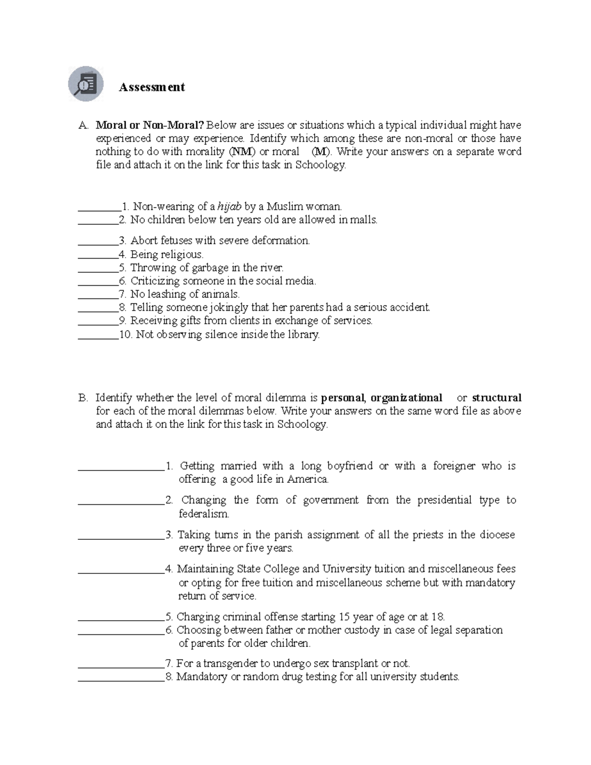 Assessment Task Unit 1 - Assessment A. Moral or Non-Moral? Below are ...