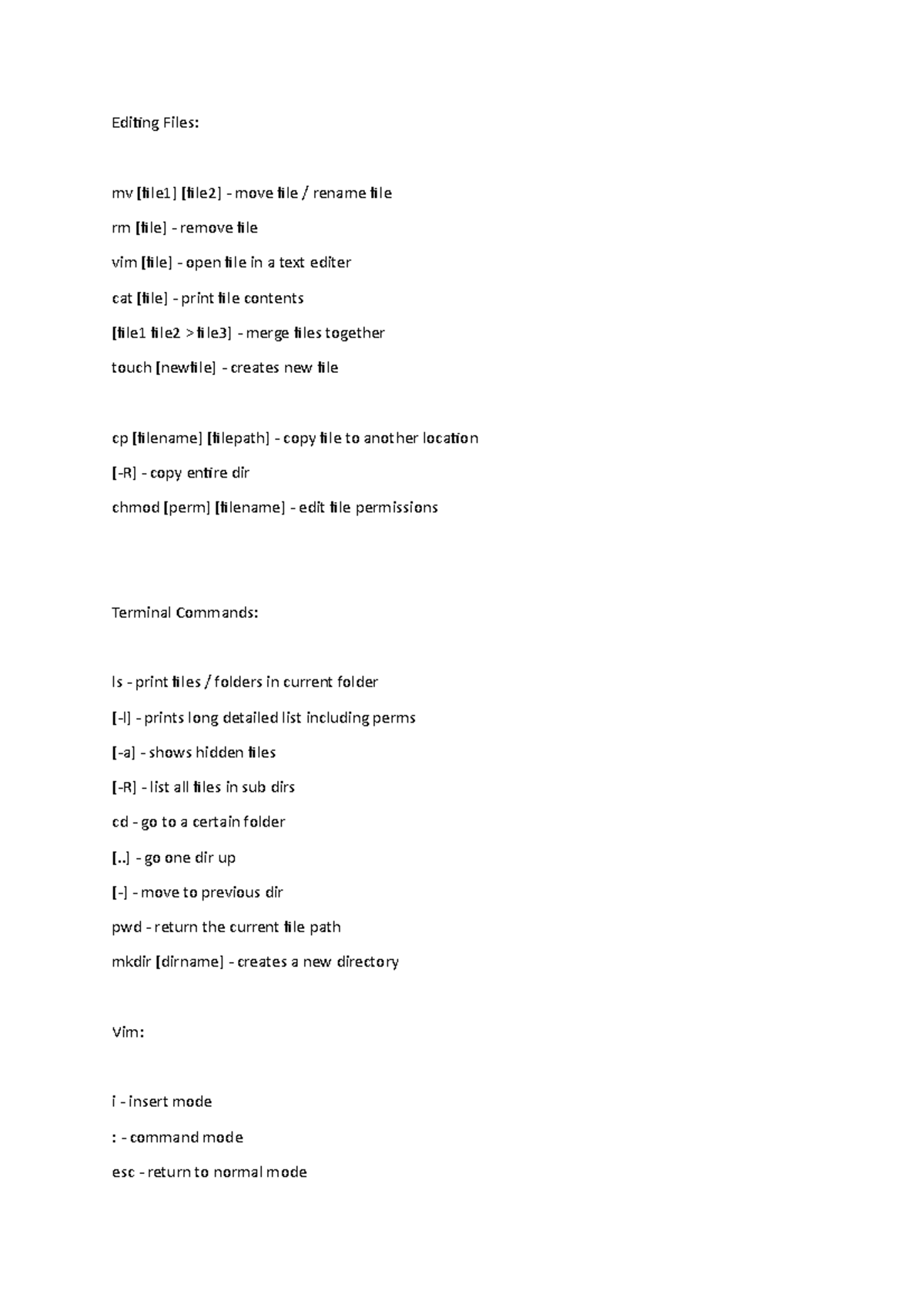 Linux command sheet - Editing Files: mv [file1] [file2] - move file ...