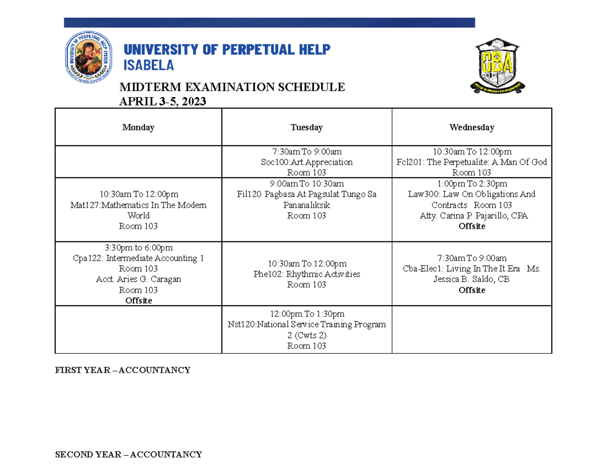 BSA- Midterm- Schedule - APRIL 3-5, 2023 Monday Tuesday Wednesday 7 ...
