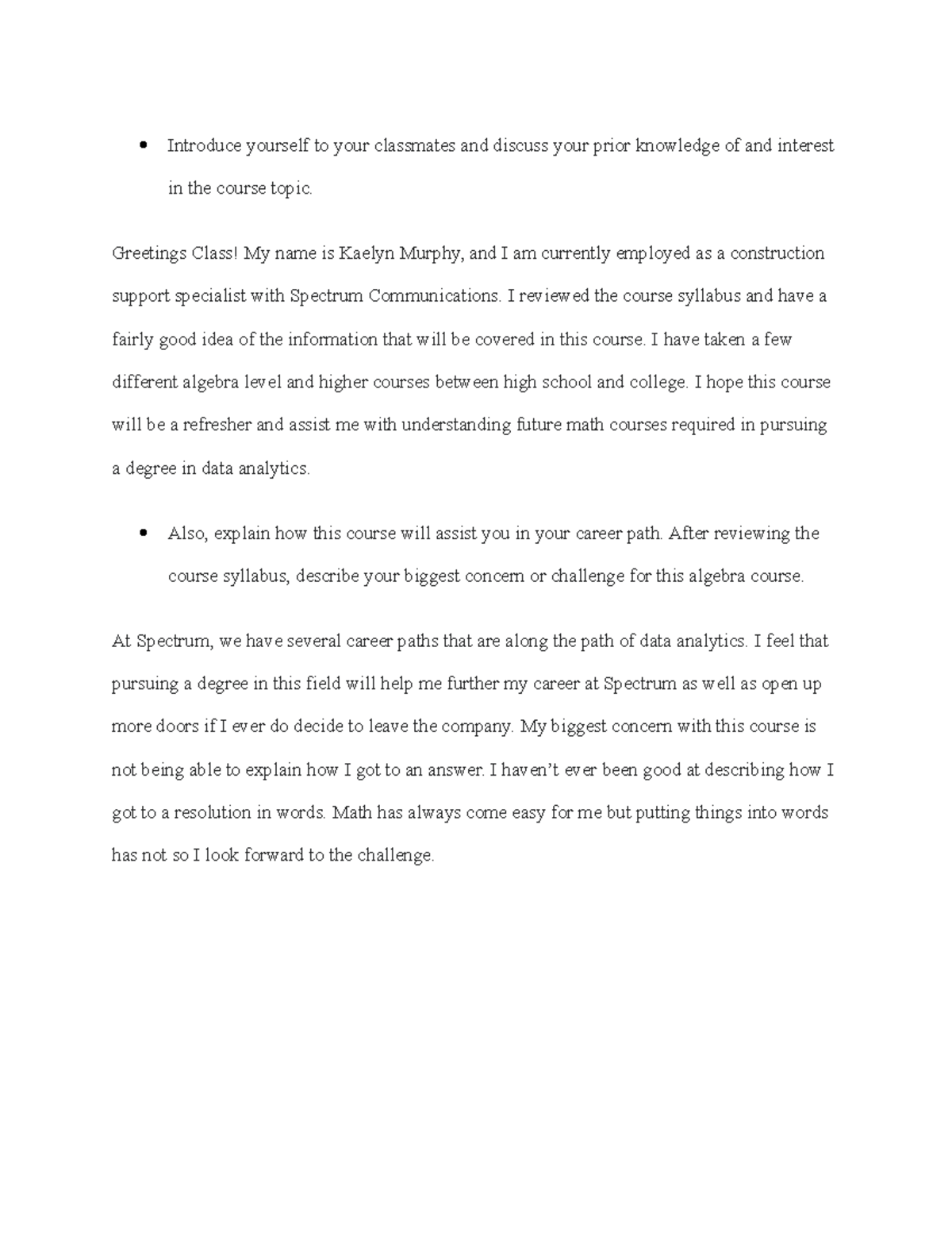 1-2 Discussion- Introduction - Introduce yourself to your classmates ...