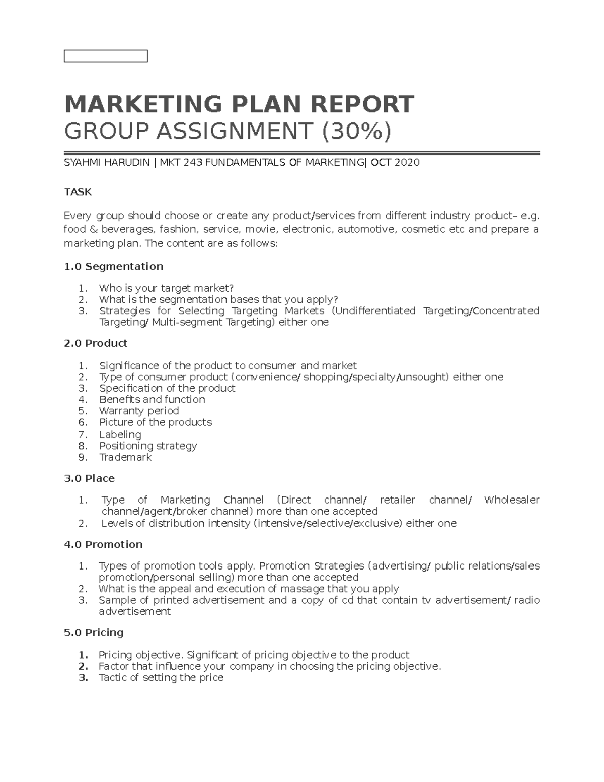 Marketing PLAN Report AND Presentation Guidelines OCT20 FEB21