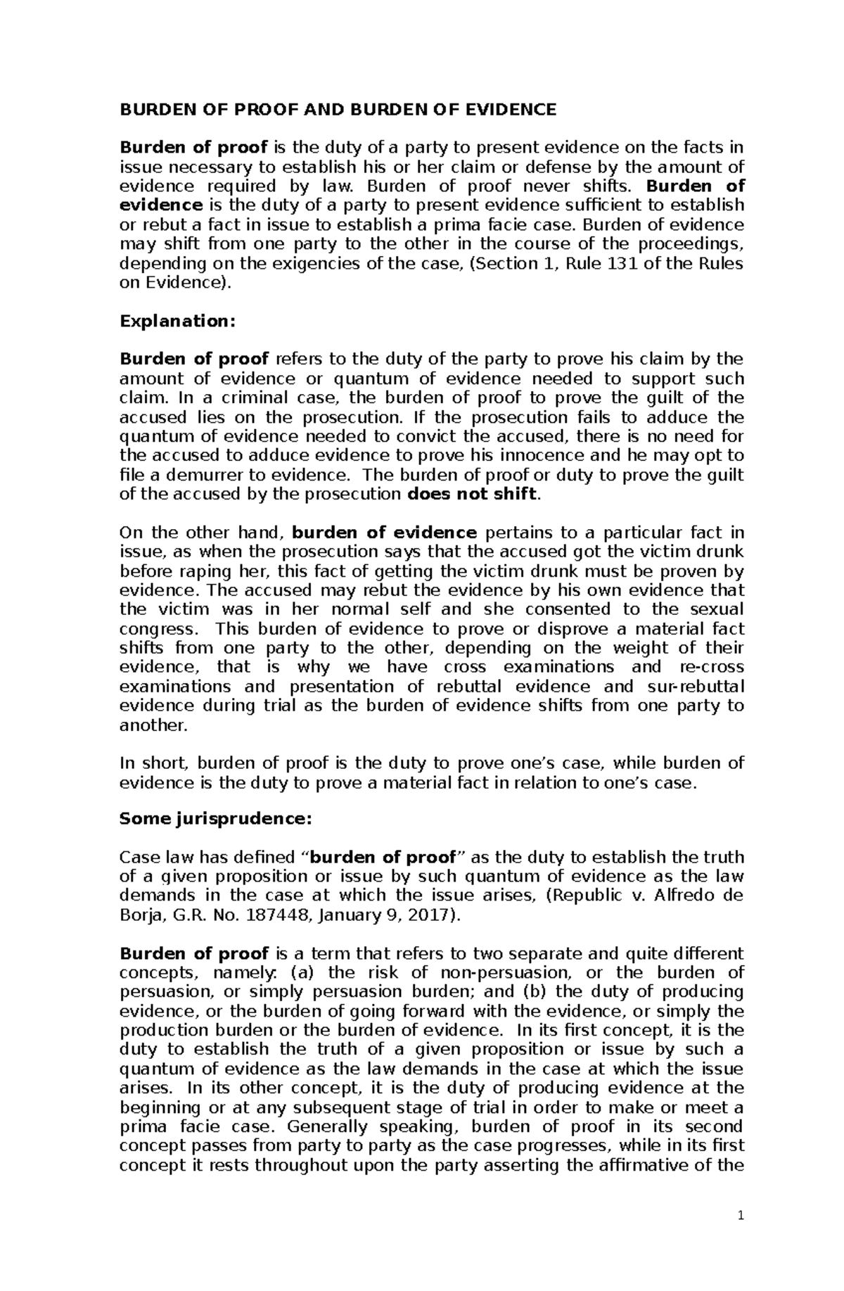 Jurisprudence Burden Of Proofs and evidences - BURDEN OF PROOF AND ...