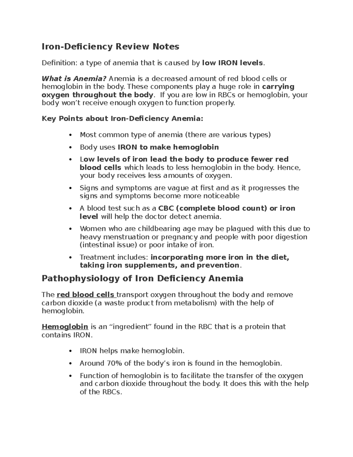 Iron Deficiency anemia - Iron-Deficiency Review Notes Definition: a ...