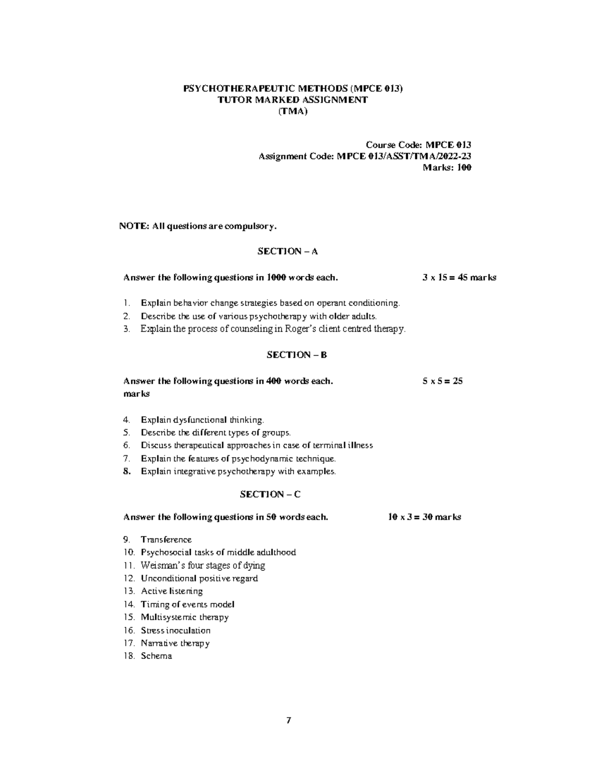 Mpce-13-uuldbz - Descriptive answers - PSYCHOTHERAPEUTIC METHODS (MPCE 013) TUTOR MARKED ...