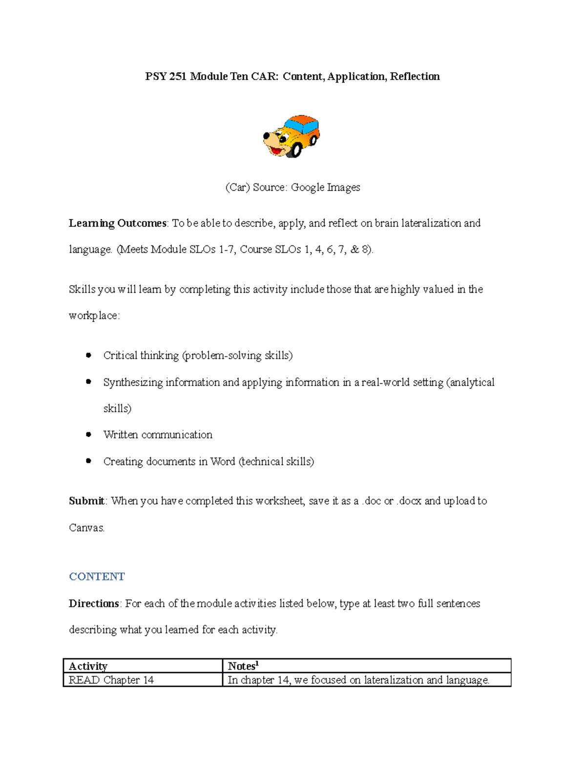 Module 10 CAR - accessible - PSY 251 Module Ten CAR: Content ...