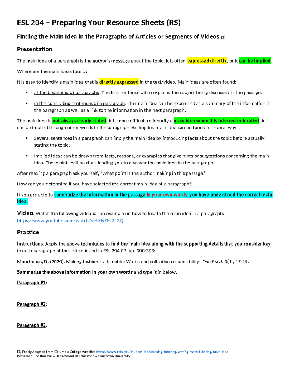 204 Main Idea in Paragraphs Preparing RS (12) - ESL 204 – Preparing ...