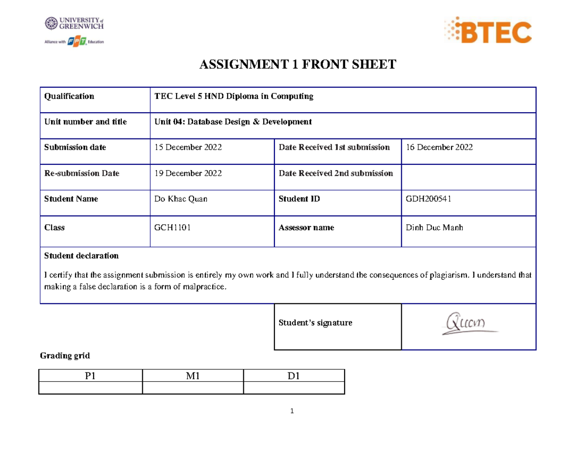 1622 ASM01 Report 2nd - áddasdasdasdasd - ASSIGNMENT 1 FRONT SHEET Qualification TEC Level 5 HND ...
