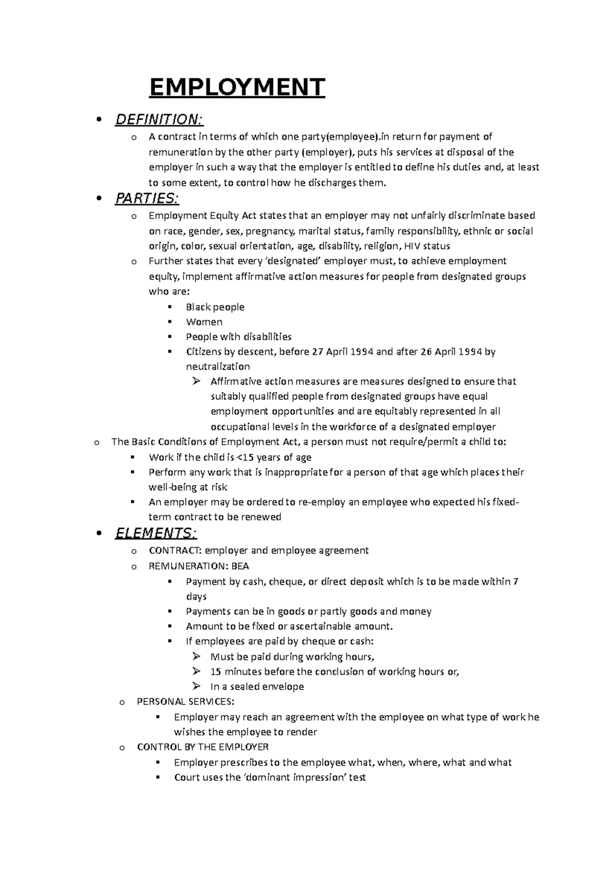 Employment - EMPLOYMENT DEFINITION: o A contract in terms of which one ...