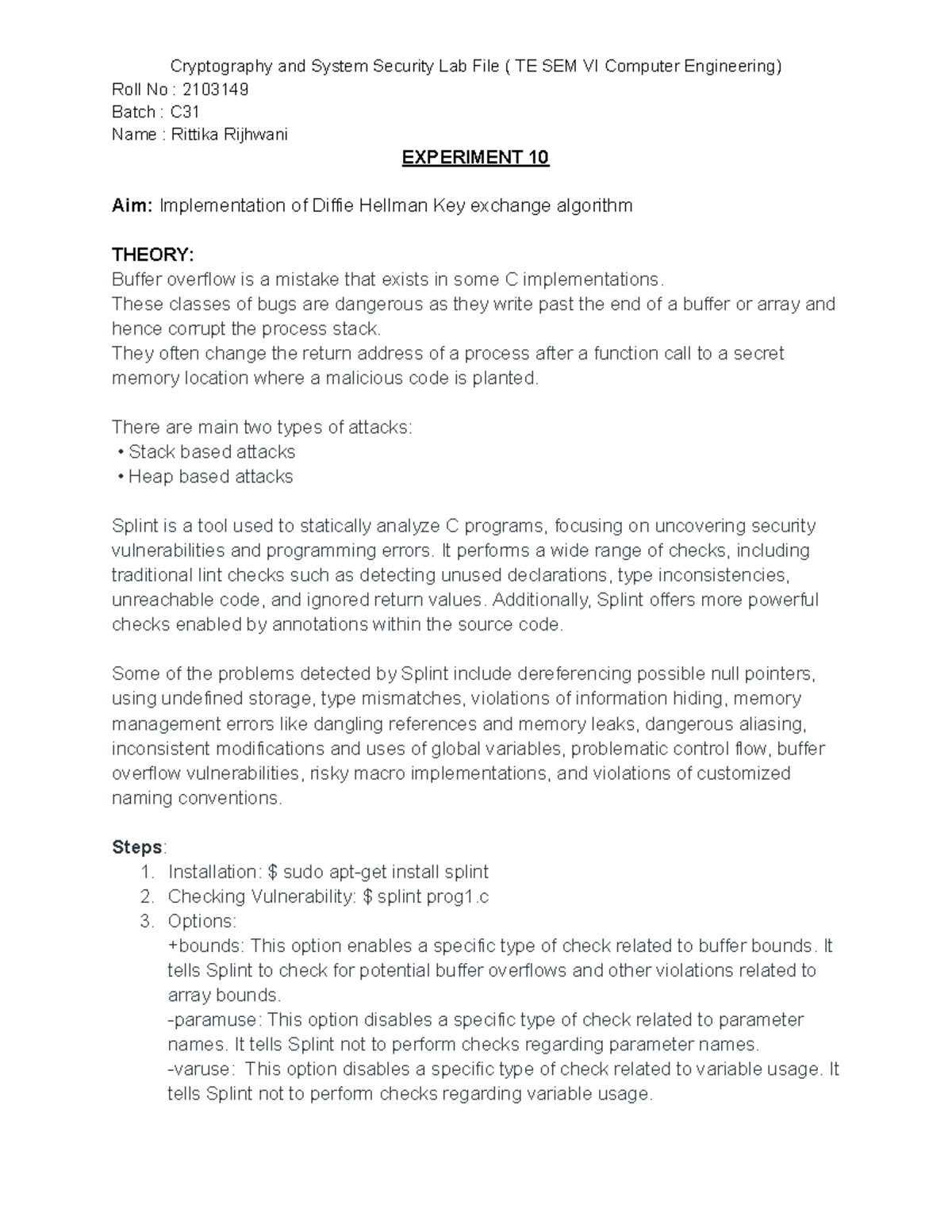 css buffer overflow - Cryptography and System Security Lab File ( TE SEM VI Computer Engineering ...
