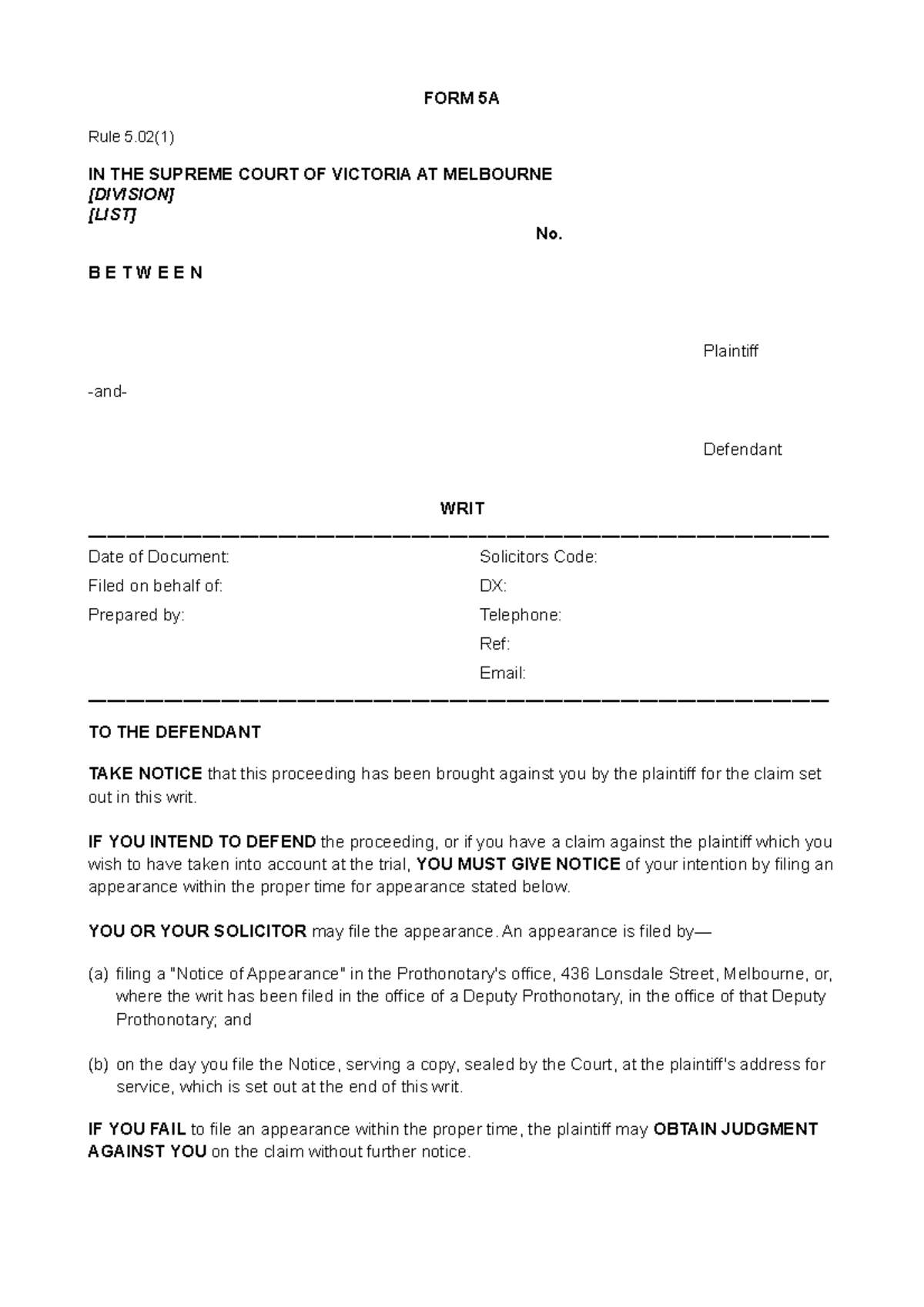 Form 5a writ template - FORM 5A Rule 5(1) IN THE SUPREME COURT OF ...