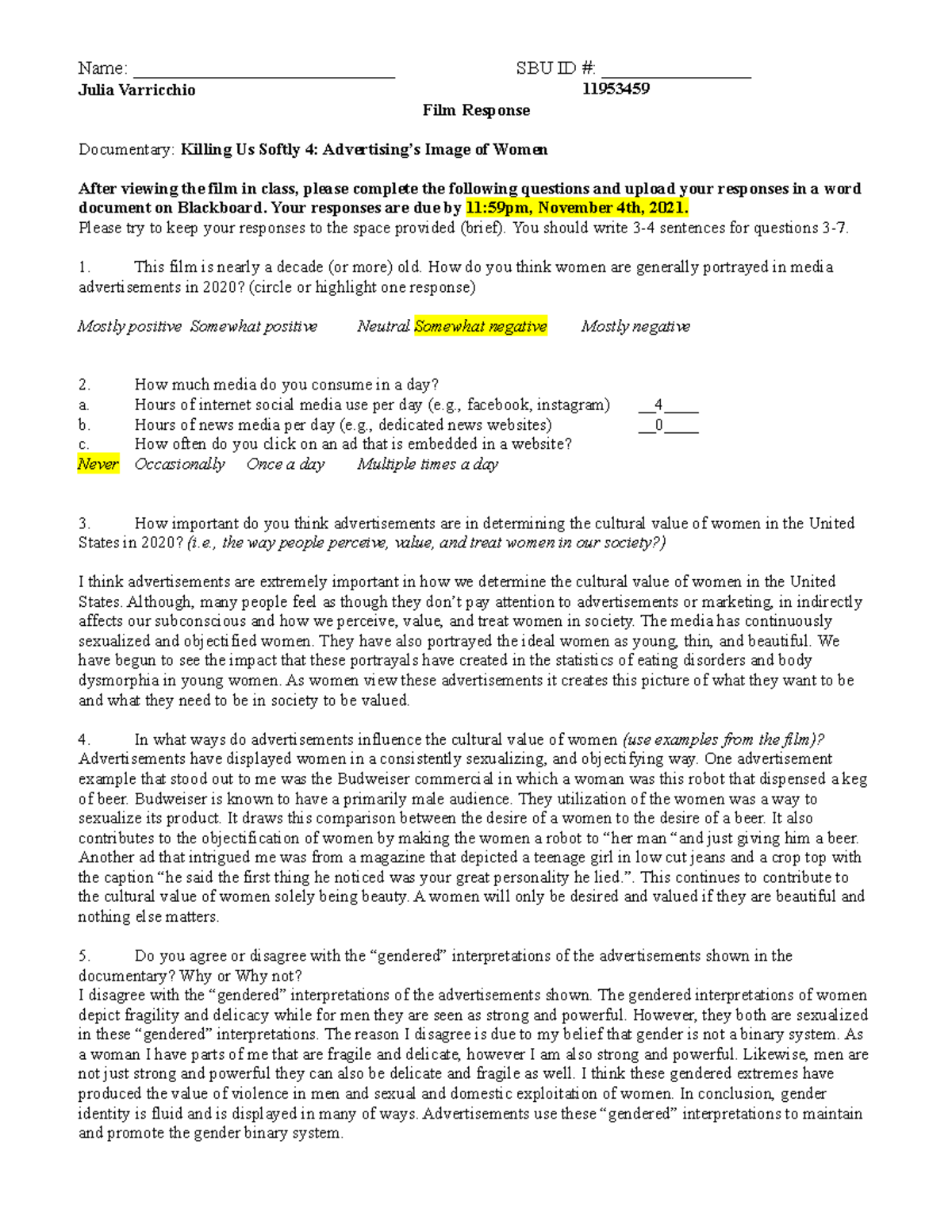 Killing Us Softly Film response - Name ...