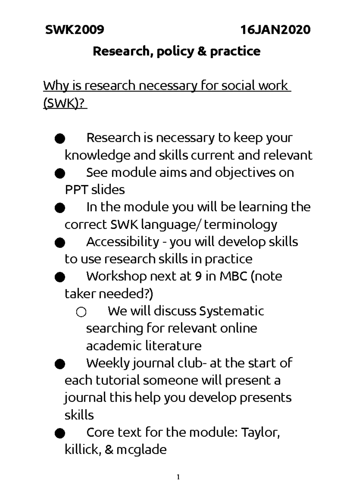 SWK policy and practice JAN 2020 - SWK2009 16JAN2020 Research, policy ...
