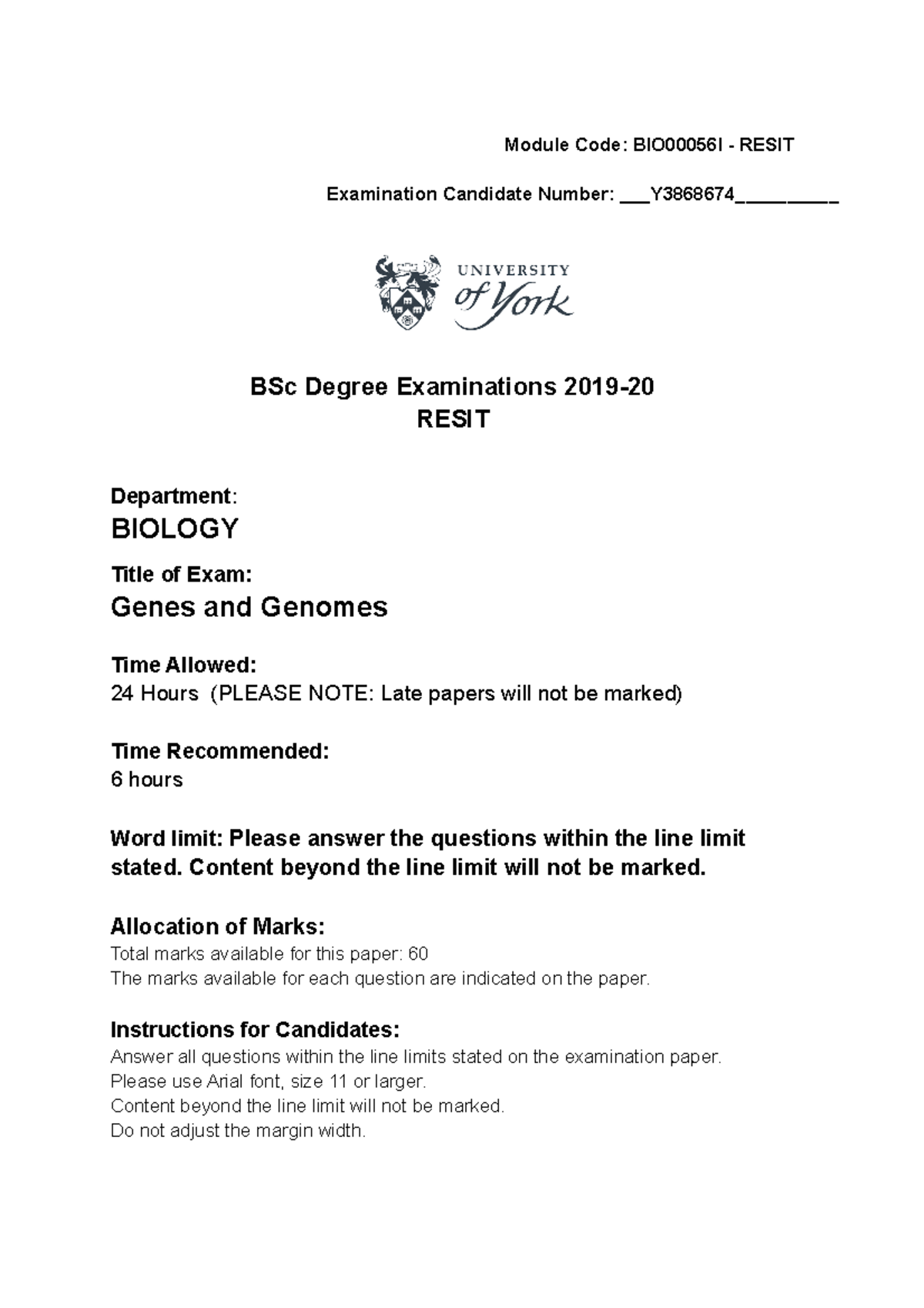 BIO00056 I Genes and Genomes (jan exam) - 2019 20 Resit Paper - Q only - Module Code: BIO00056I ...