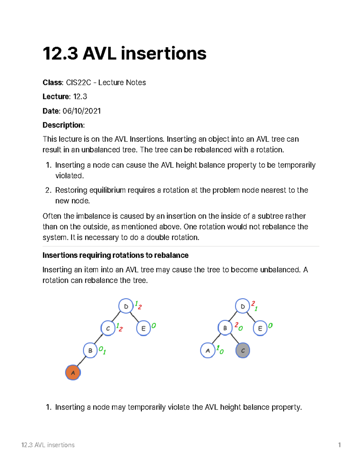 12.3 AVL insertions - 12 AVL insertions Class : CIS22C - Lecture Notes ...