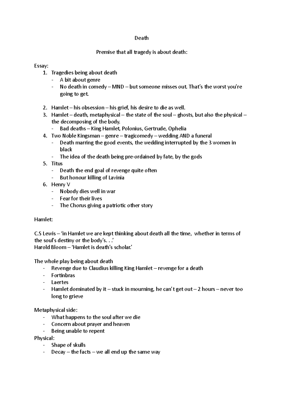 Death - Summary Shakespeare - Death Premise that all tragedy is about ...