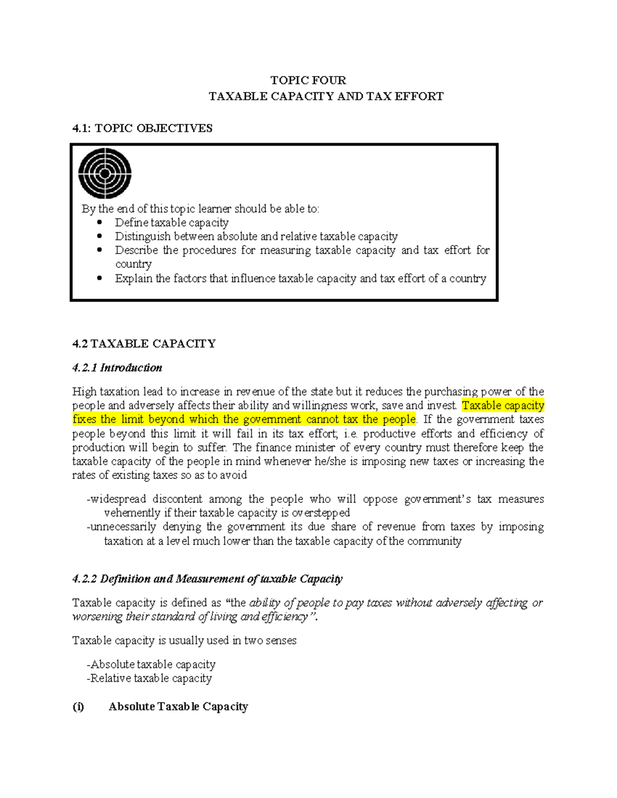 Lesson 4 - Course - TOPIC FOUR TAXABLE CAPACITY AND TAX EFFORT 4: TOPIC ...