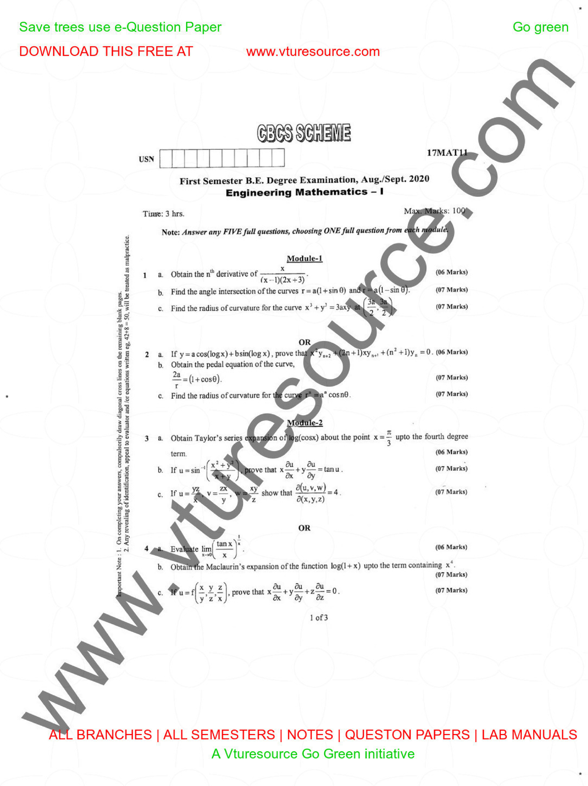 Aug-2020 - question paper - Engineering Mathematics - Studocu