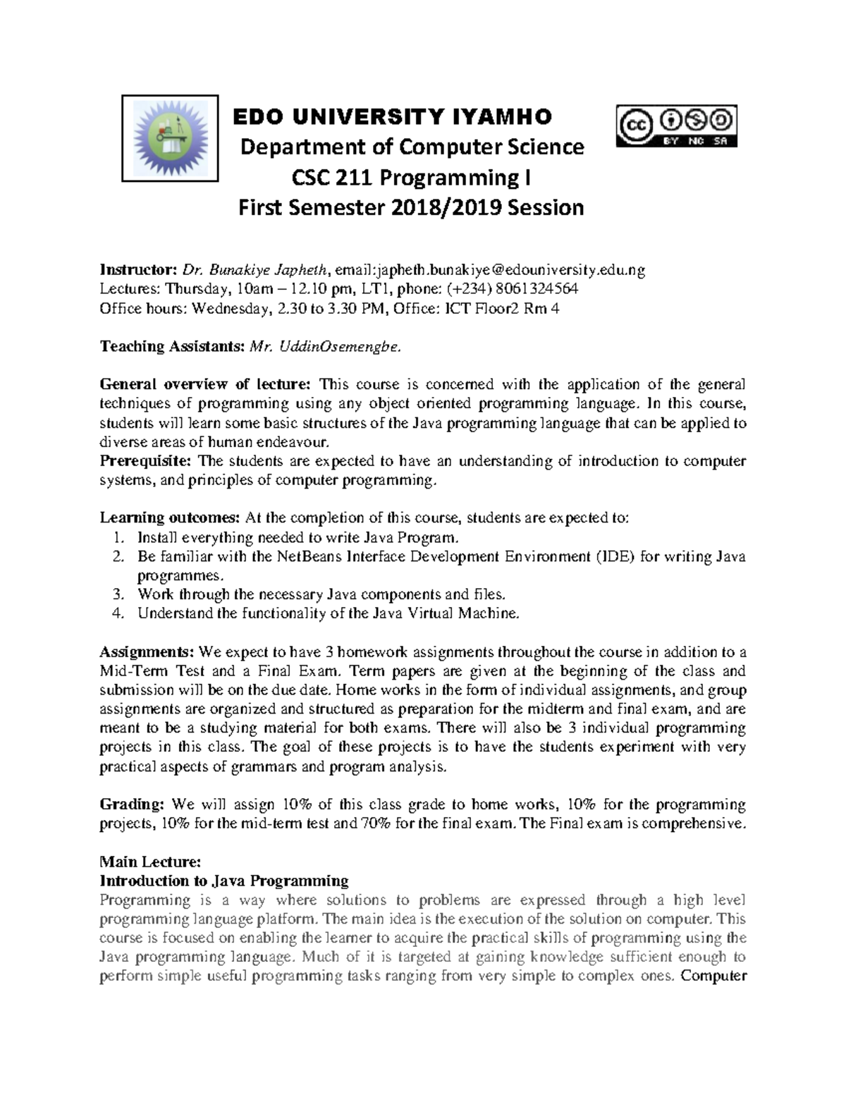 Programming i - ln fs 2018 2019 - EDO UNIVERSITY IYAMHO Department of ...