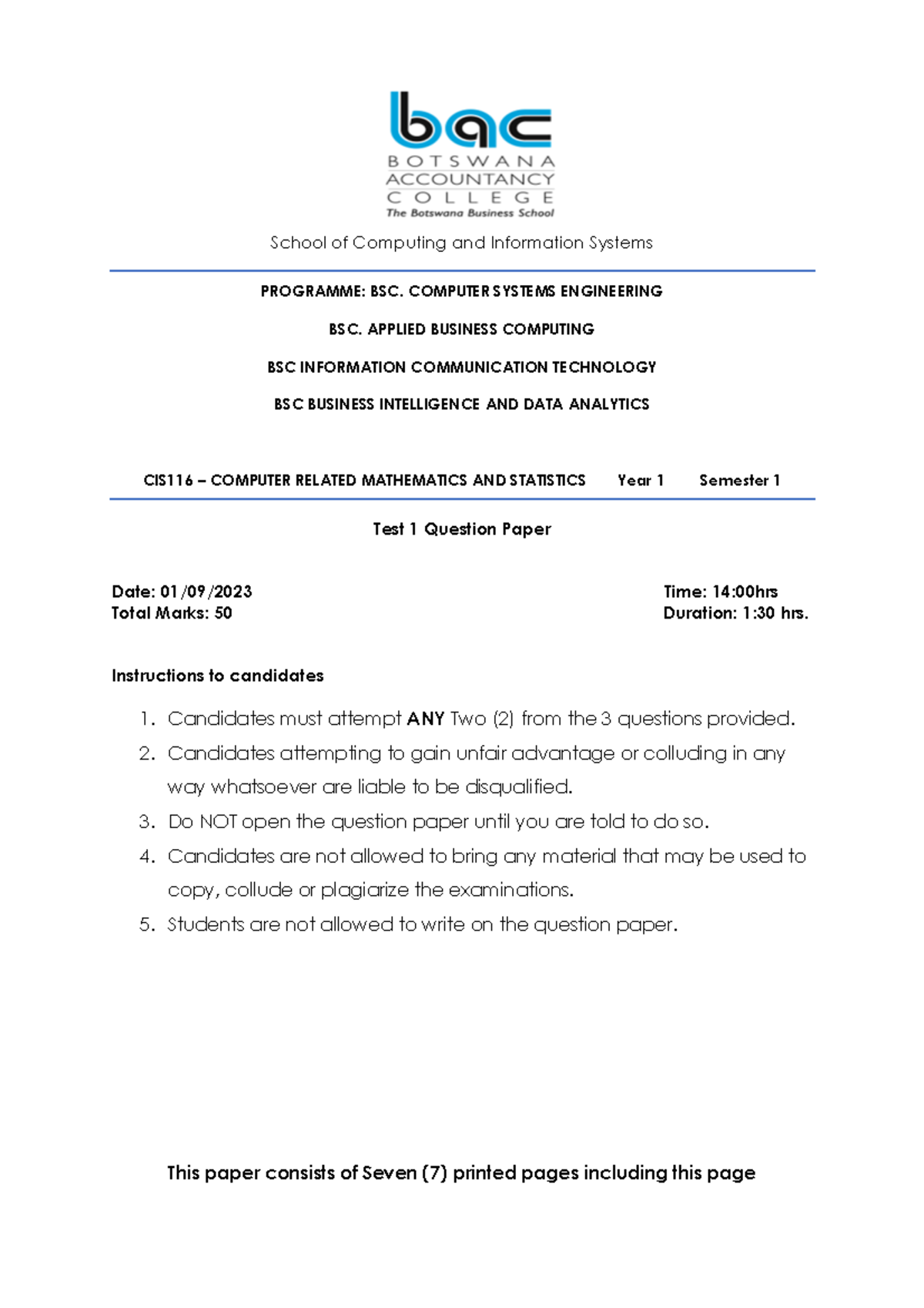 CMS Assessment Test 1 2023 QP - School of Computing and Information ...