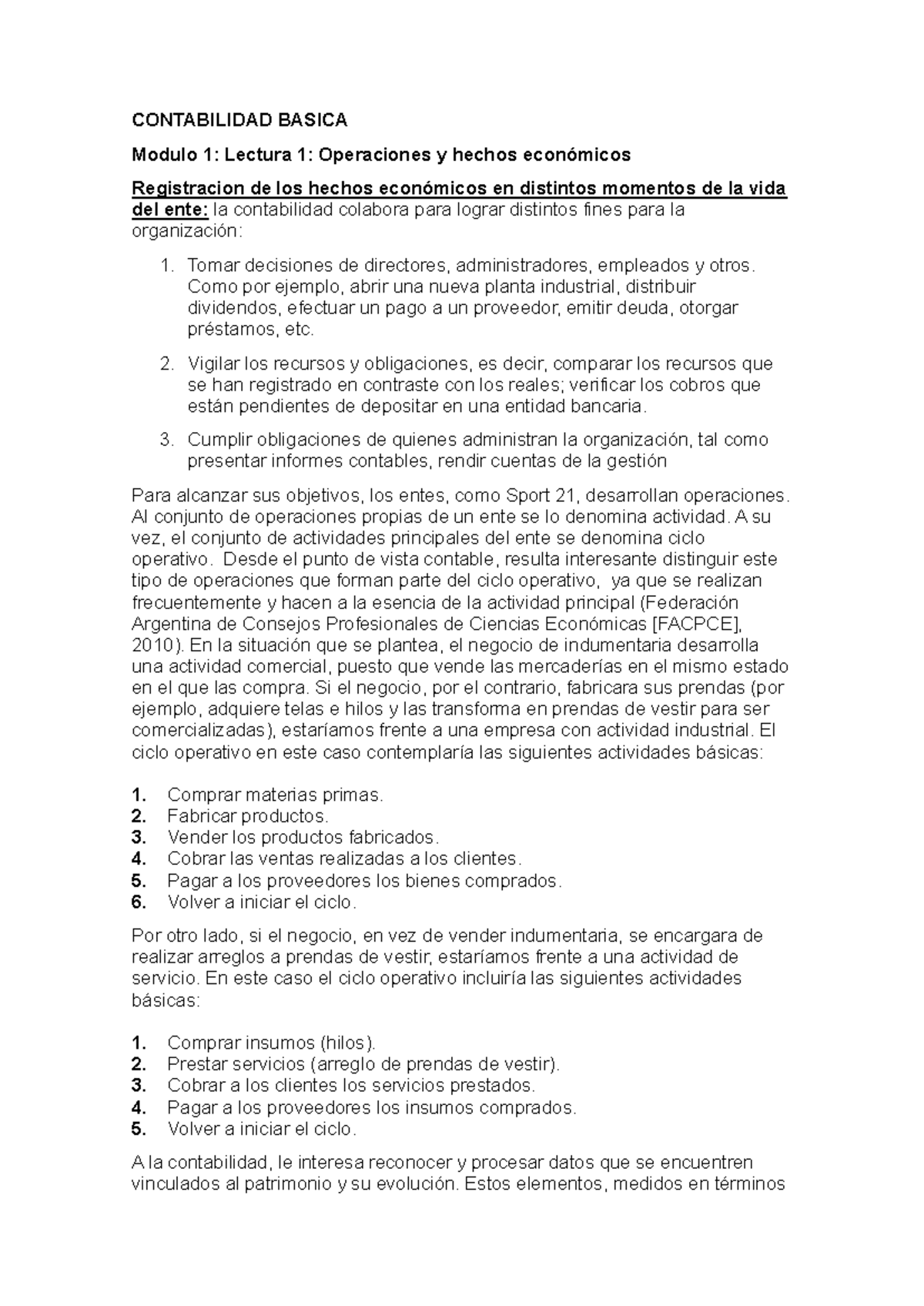 Conta B M1 - Ayuda de módulo 1 - CONTABILIDAD BASICA Modulo 1: Lectura 1: Operaciones y hechos ...