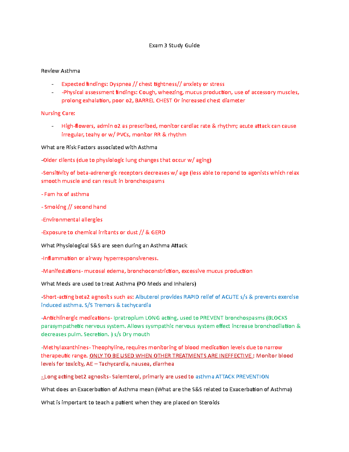 Exam 3 Study Guide - Exam 3 Study Guide Review Asthma - Expected ...