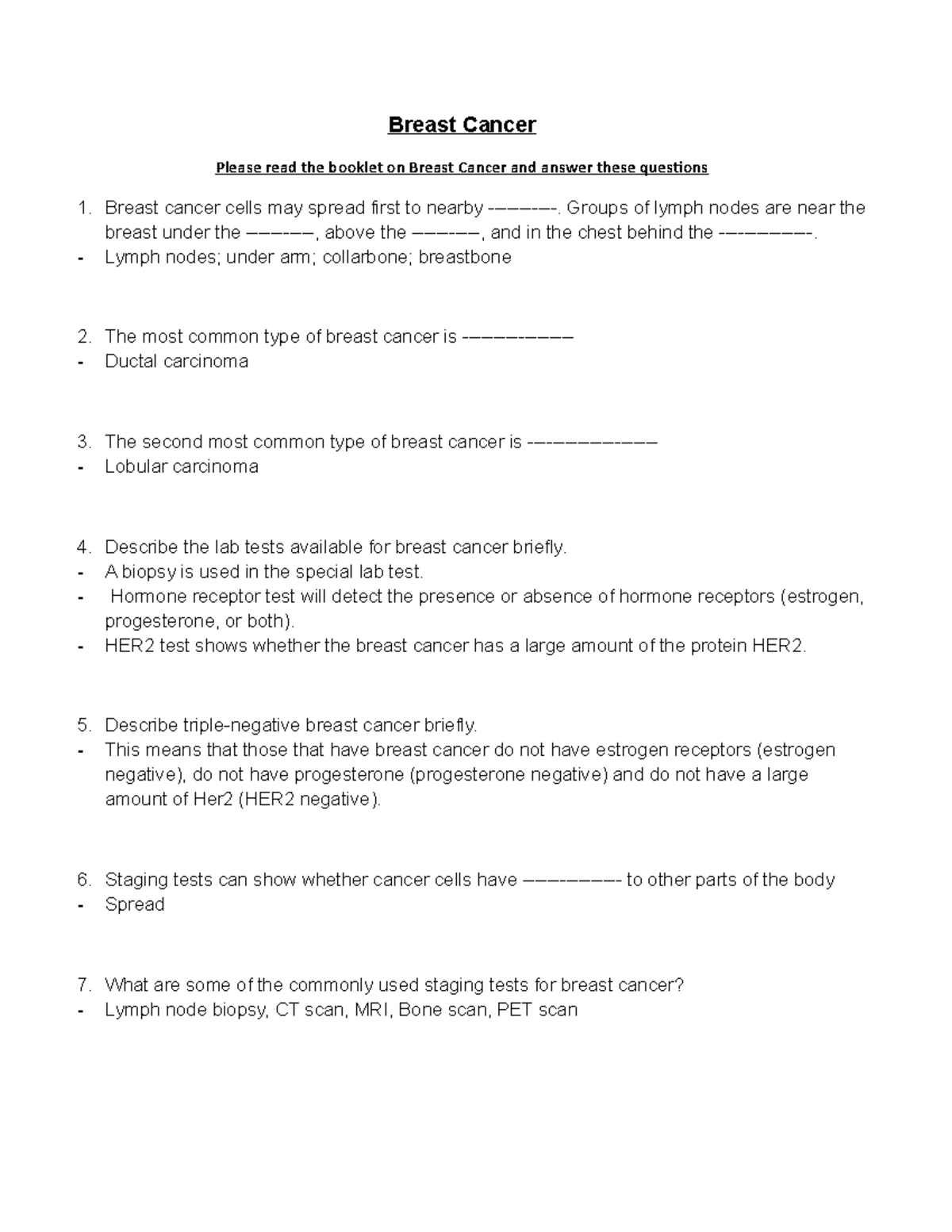 Breast Cancer Questions - Breast Cancer Please read the booklet on ...