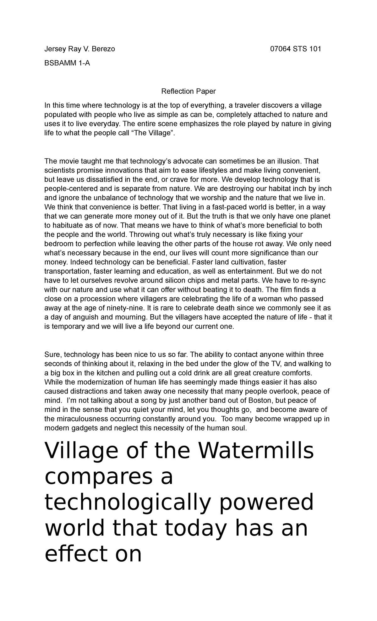 A SHORT Reflection IN SCIENCE - Jersey Ray V. Berezo 07064 STS 101 ...