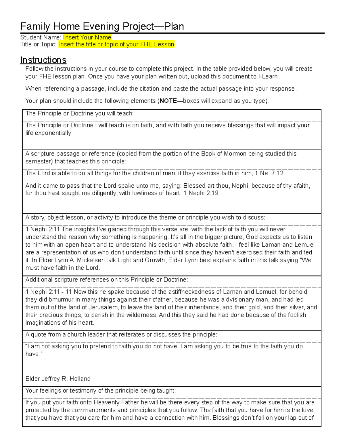 FHEProject Plan Submission Template (1) - Family Home Evening Project ...