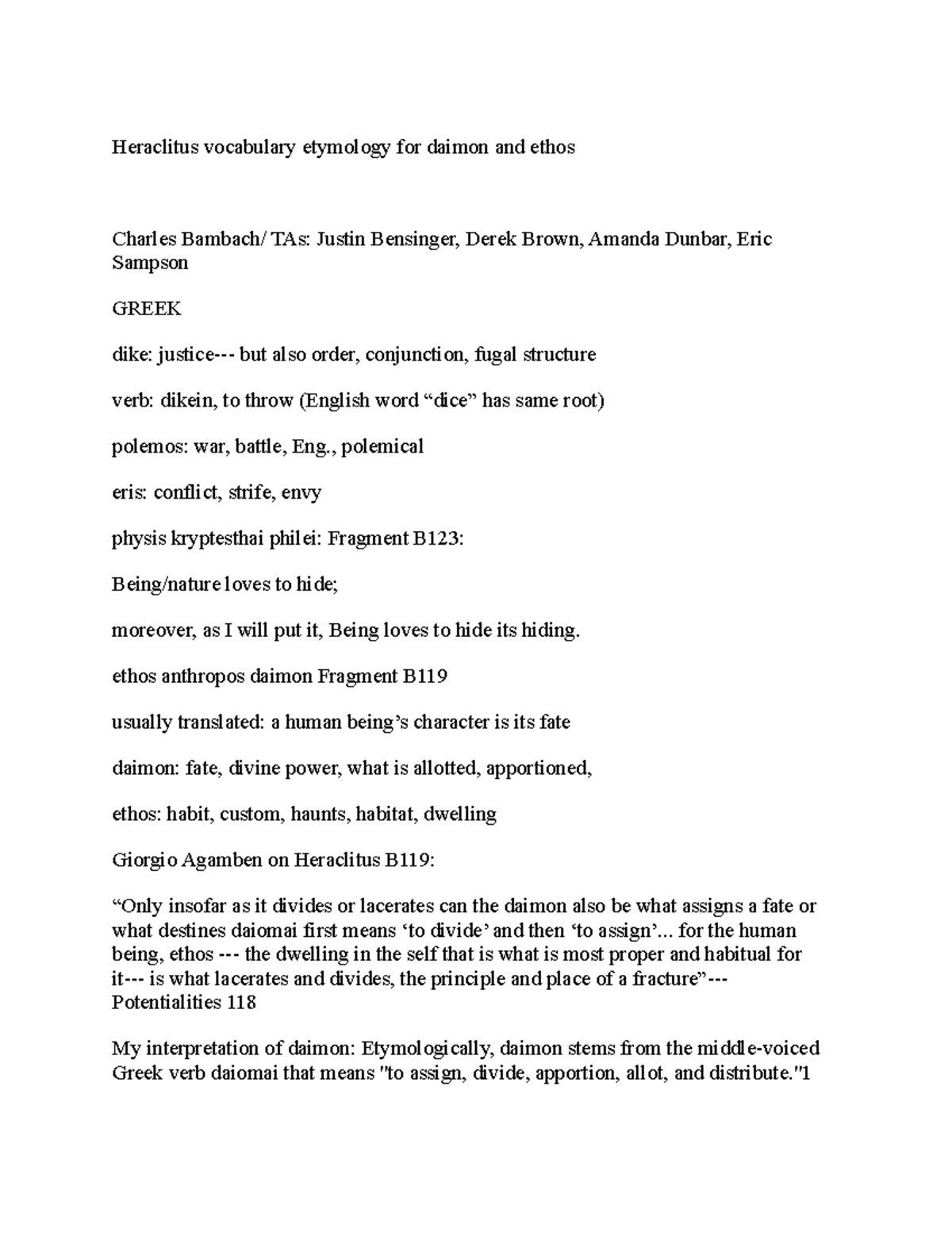 Heraclitus vocabulary etymology for daimon and ethos - , polemical eris ...