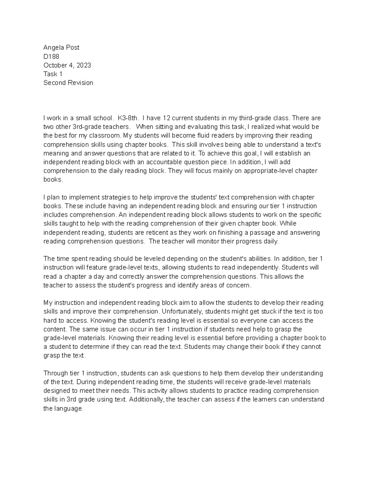 D188 Task 1 Revised Again - Angela Post D October 4, 2023 Task 1 Second ...