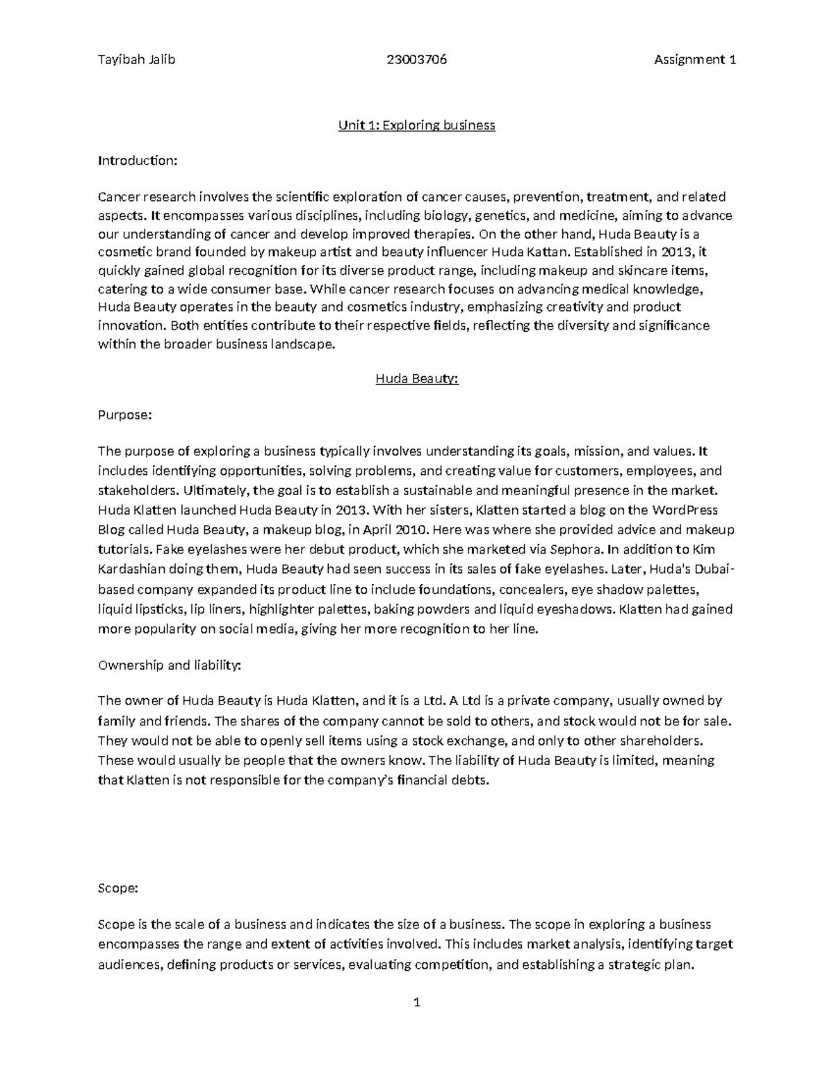 Unit 1 Exploring Business Updated Assignment 1 Unit 1 Exploring Business Introduction Cancer