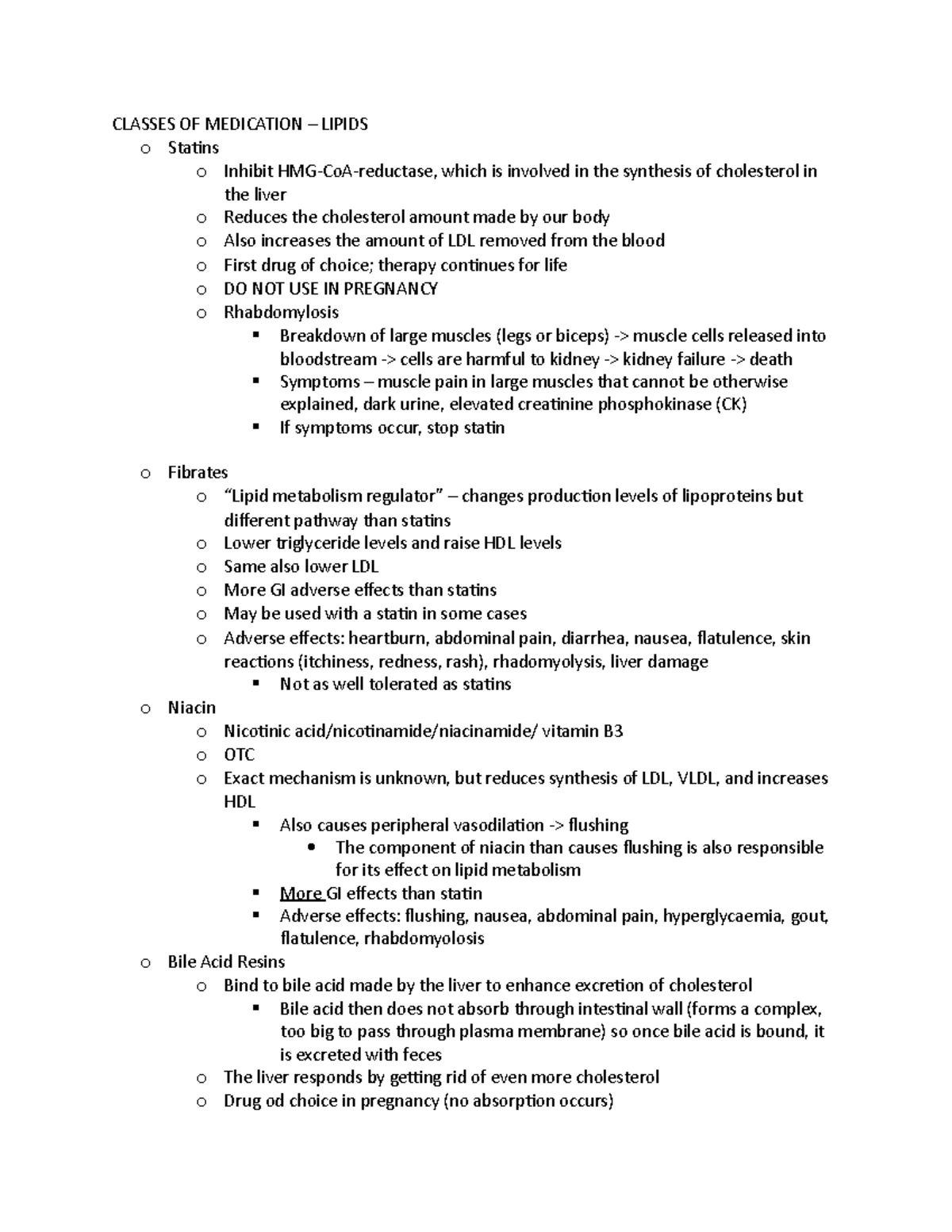 Classes of Medication - CLASSES OF MEDICATION – LIPIDS o Statins o ...