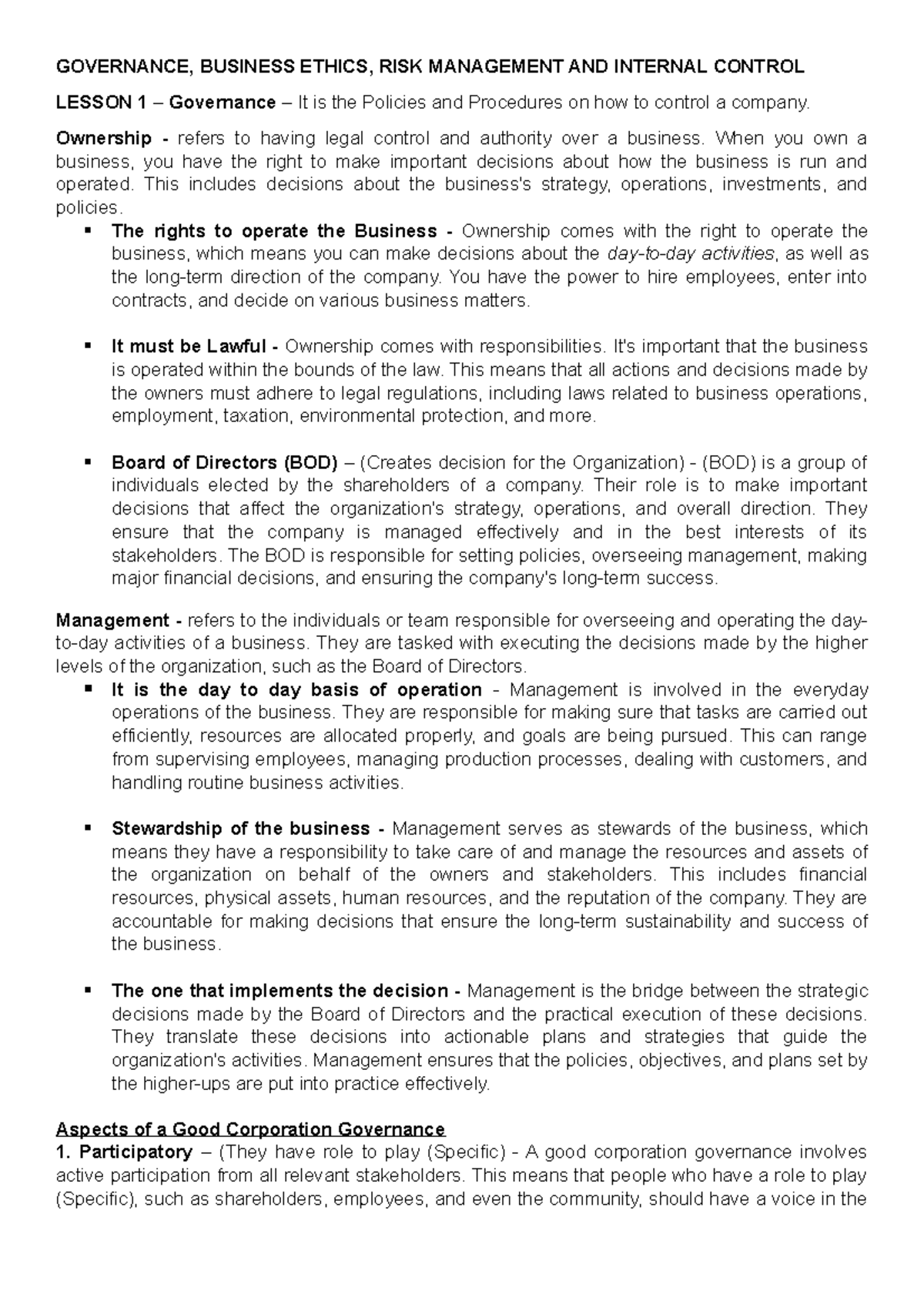 Chapter 1 - Governance - NONE - GOVERNANCE, BUSINESS ETHICS, RISK ...